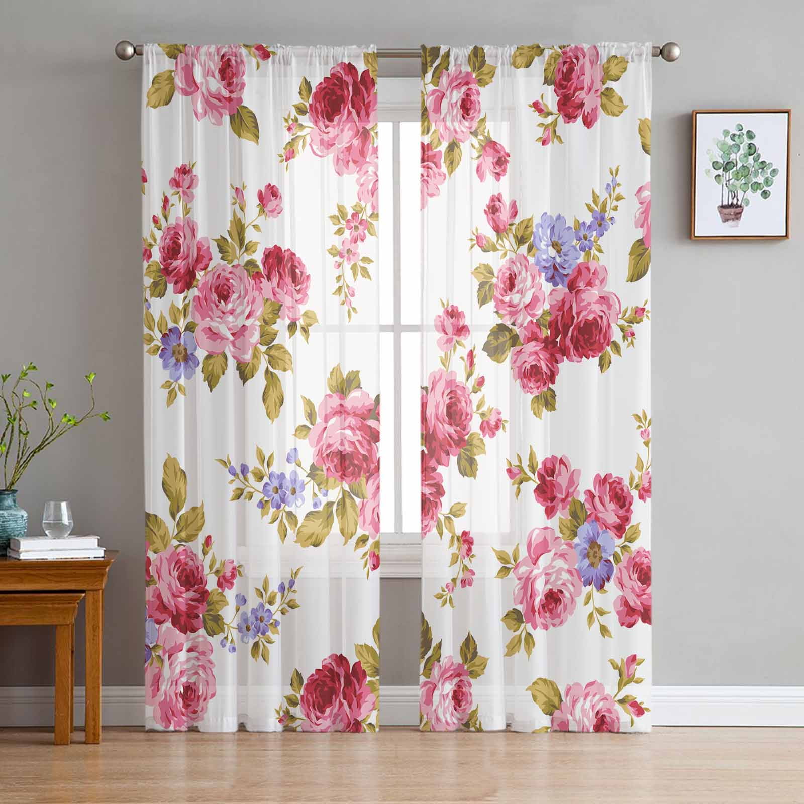 Flower Watercolor Hand Painted Sheer Curtains for Living Room Kitchen ...