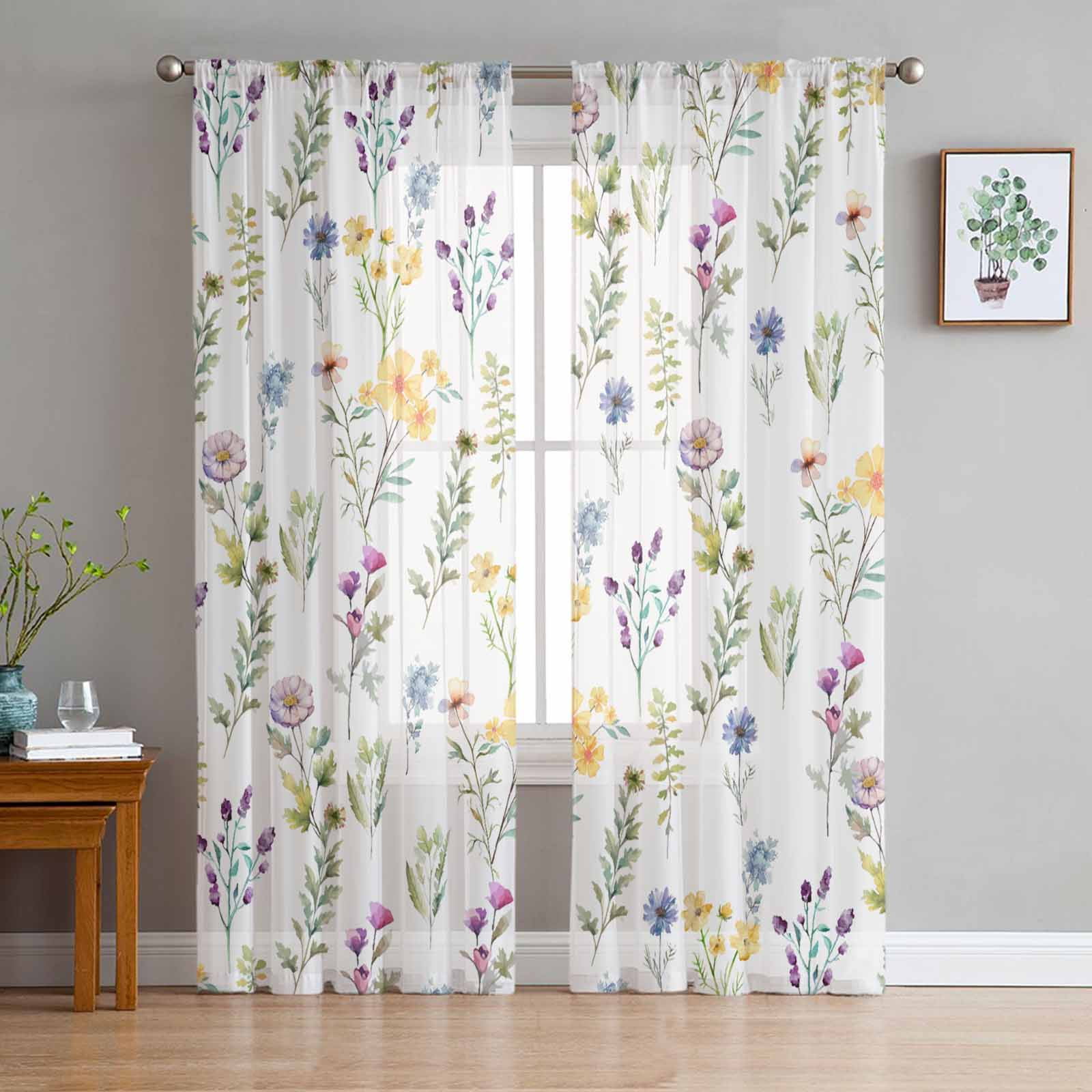Flower Watercolor Hand Painted Voile Curtains for Bedroom Window Tulle ...