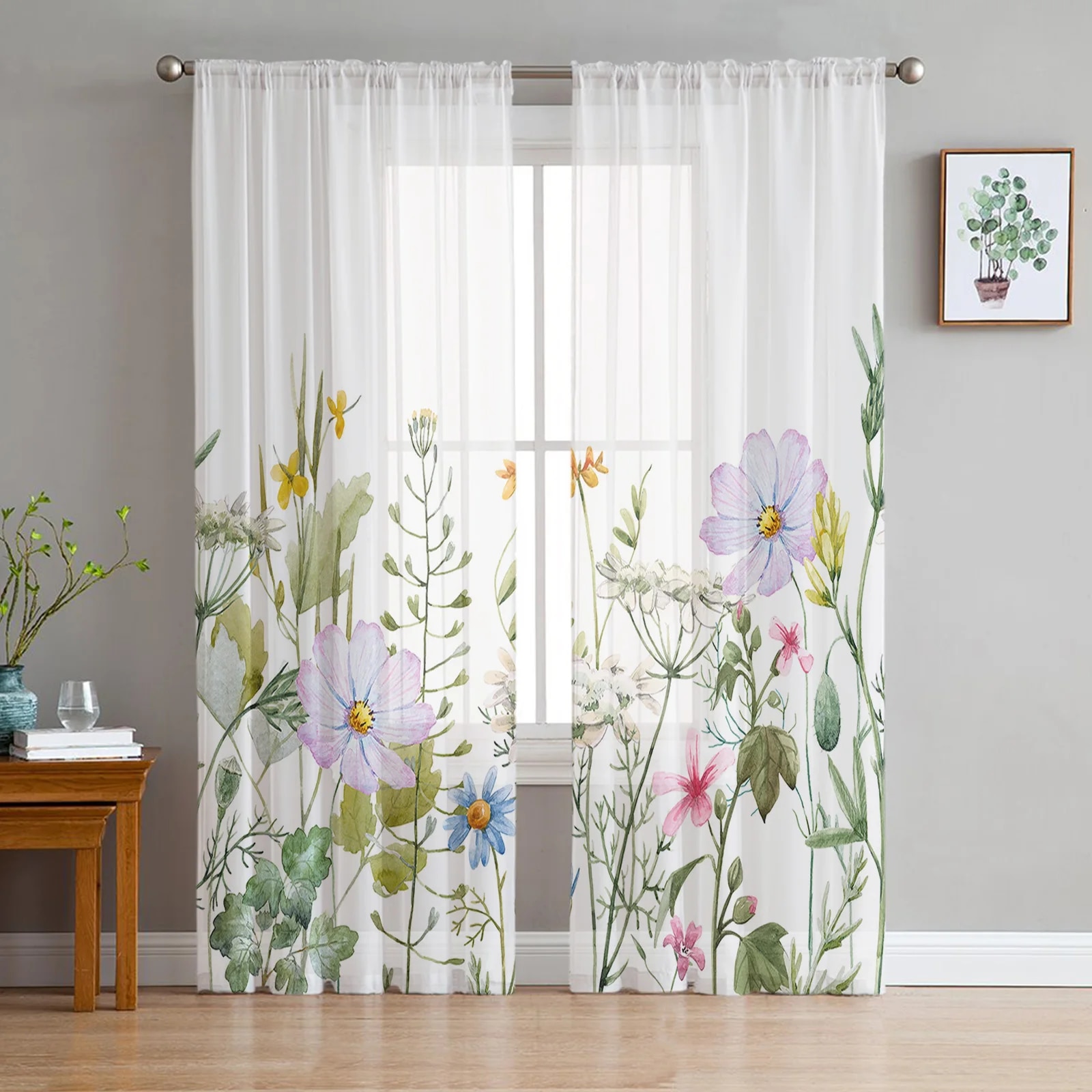 Flower Watercolor Vineman Rose Morning Glory Voile Tulle Sheer Curtains ...