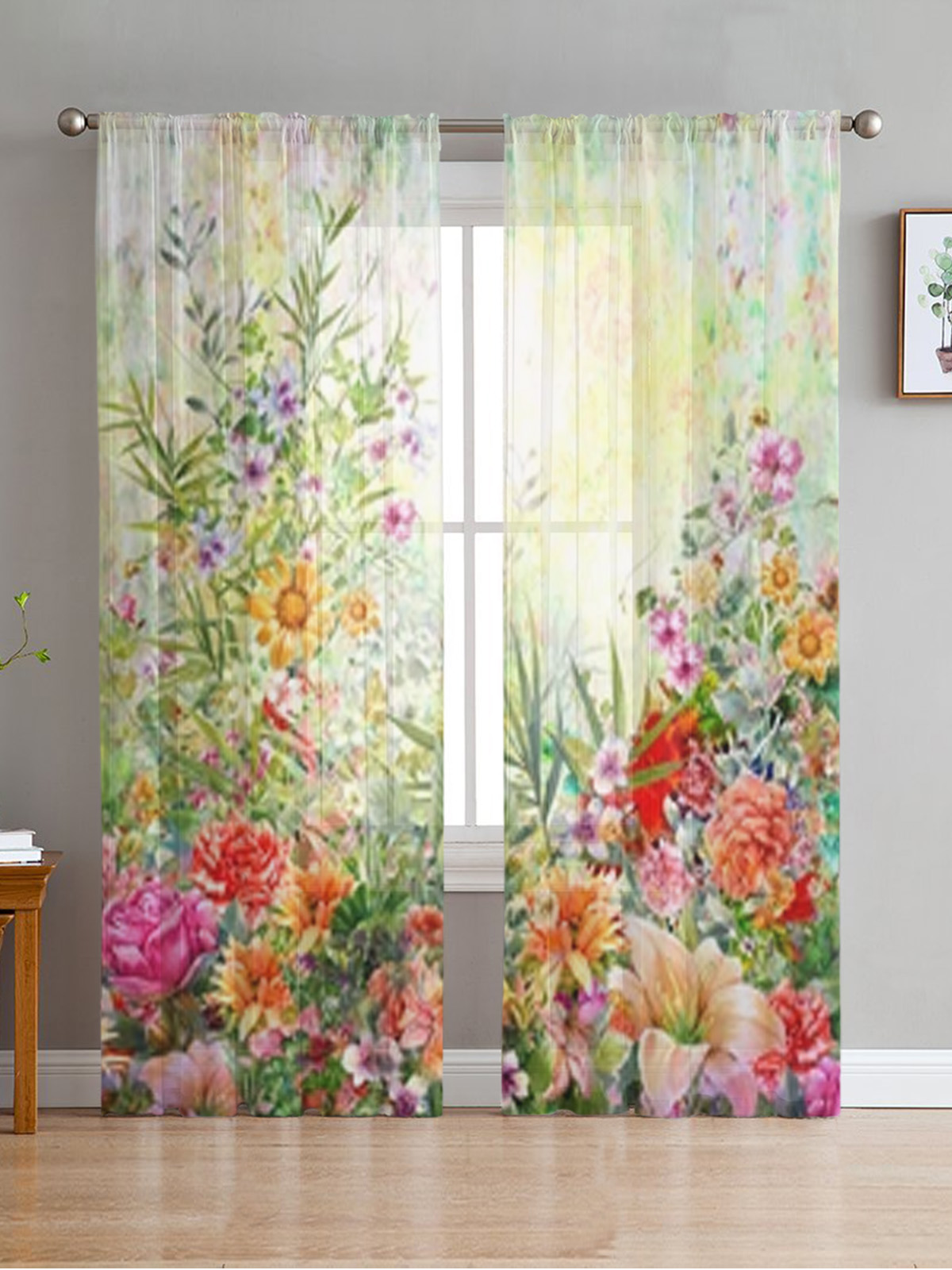 Flower Watercolor Vineman Rose Morning Glory Voile Tulle Sheer Curtains ...