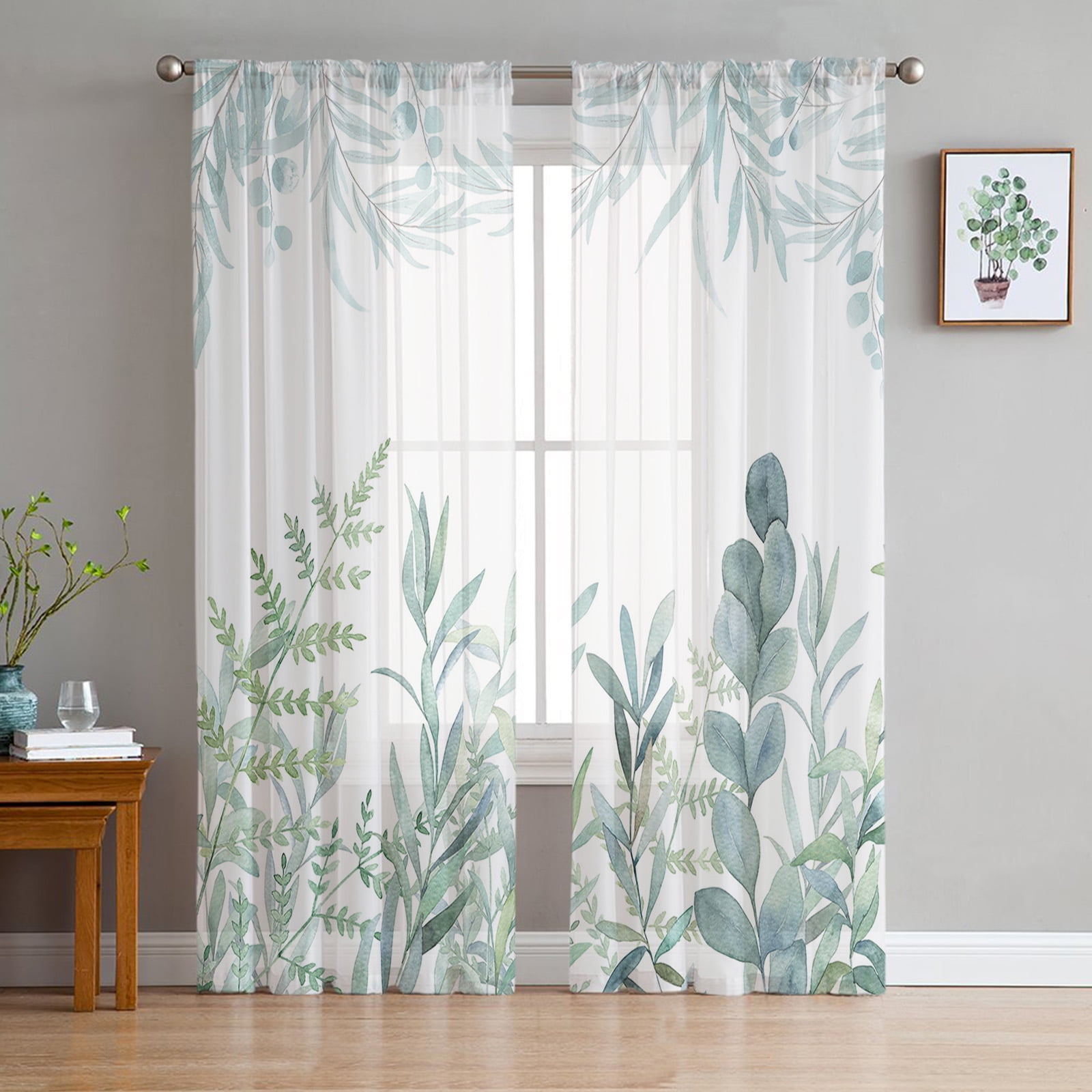 Flower Watercolors Leaves Flower Buds Tulle Window Treatment Sheer ...
