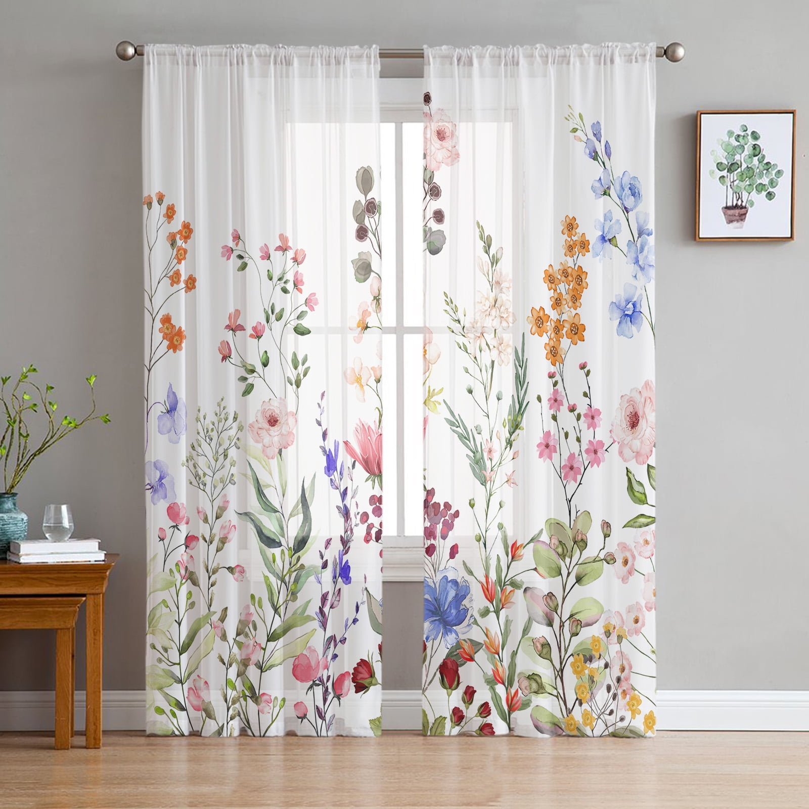 Flower Watercolors Leaves Flower Buds Tulle Window Treatment Sheer ...