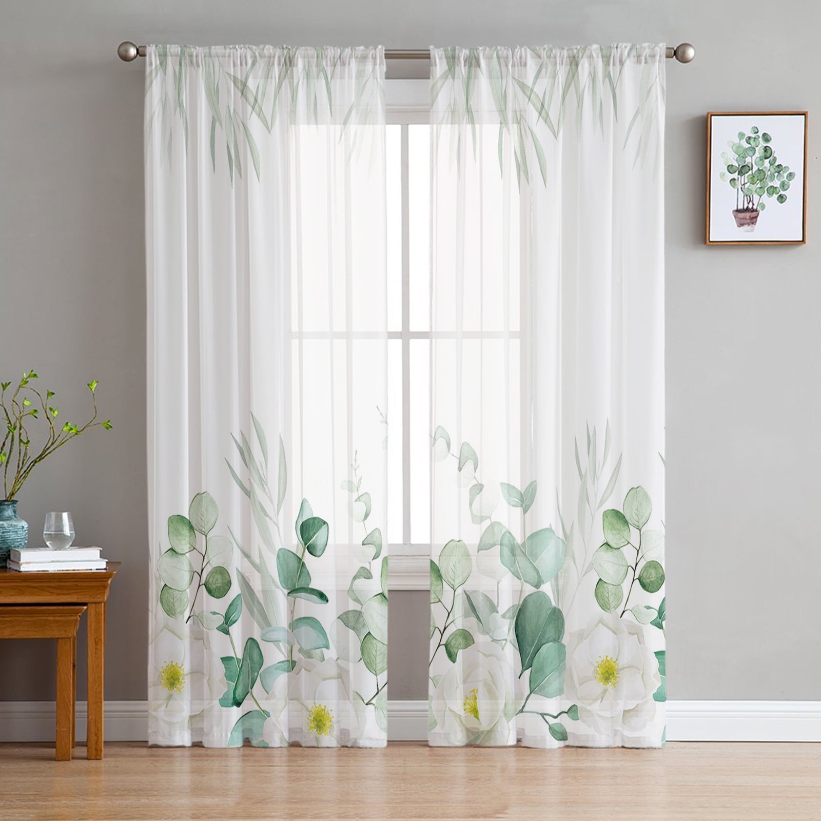 Flower Watercolors Leaves Flower Buds Tulle Window Treatment Sheer ...