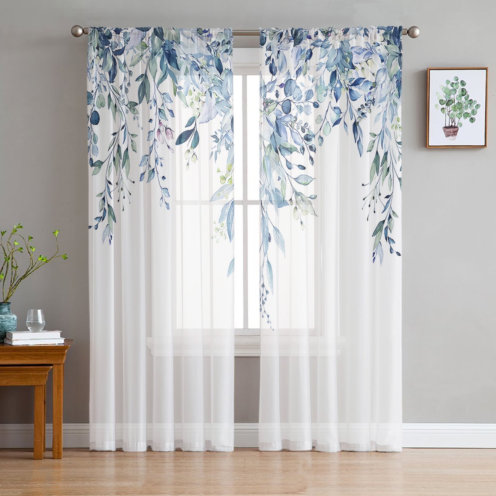 Flower Watercolors Leaves Flower Buds Tulle Window Treatment Sheer ...
