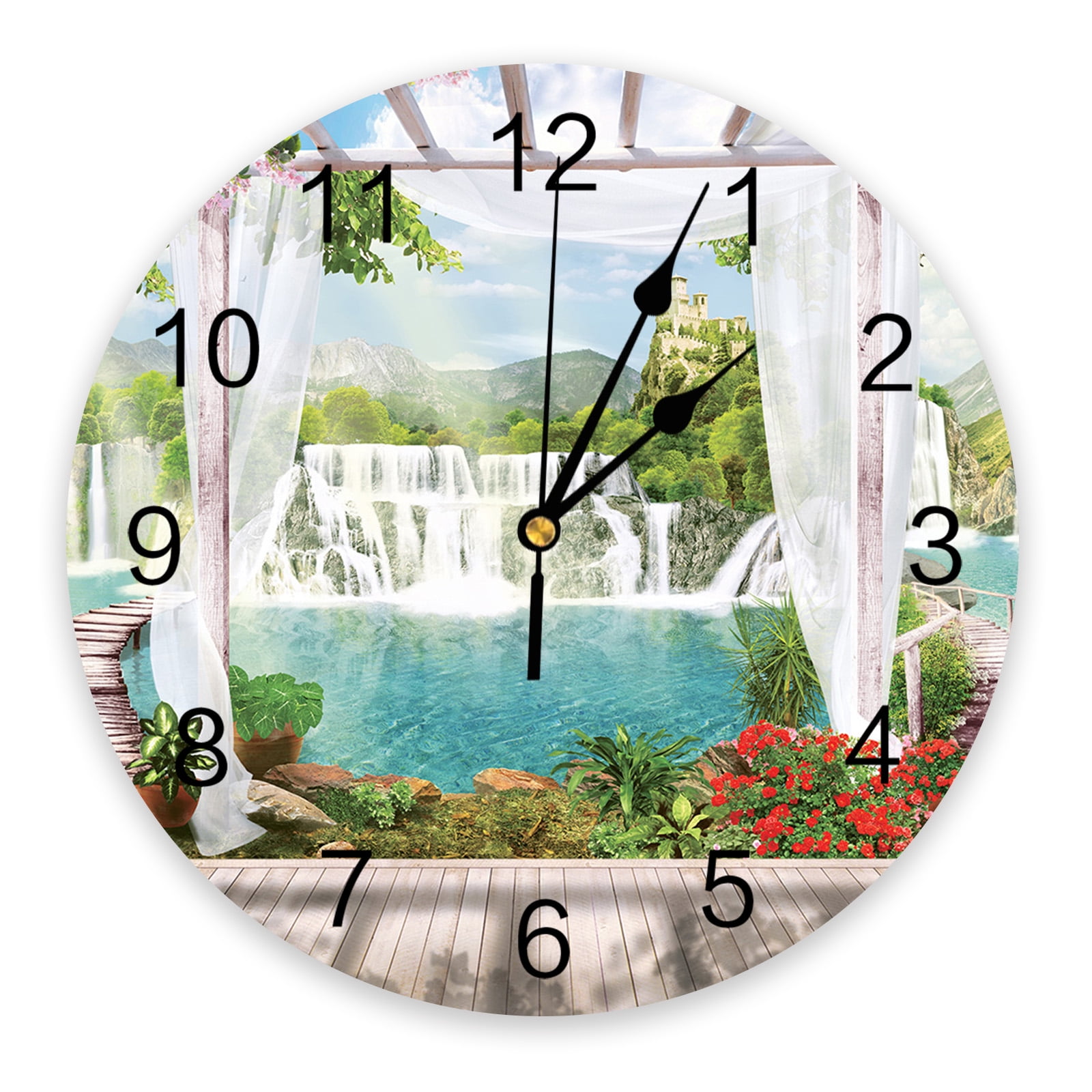 Flower Waterfall Garden Blossom Plant Woods Large Wall Clock Dinning ...