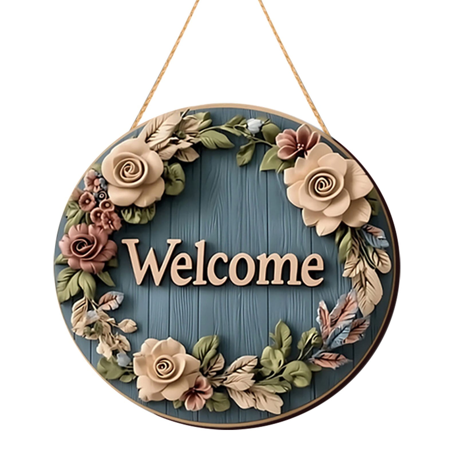 Flower Welcome Round Wood Sign Floral Door Sign Farmhouse Rustic Wreath ...