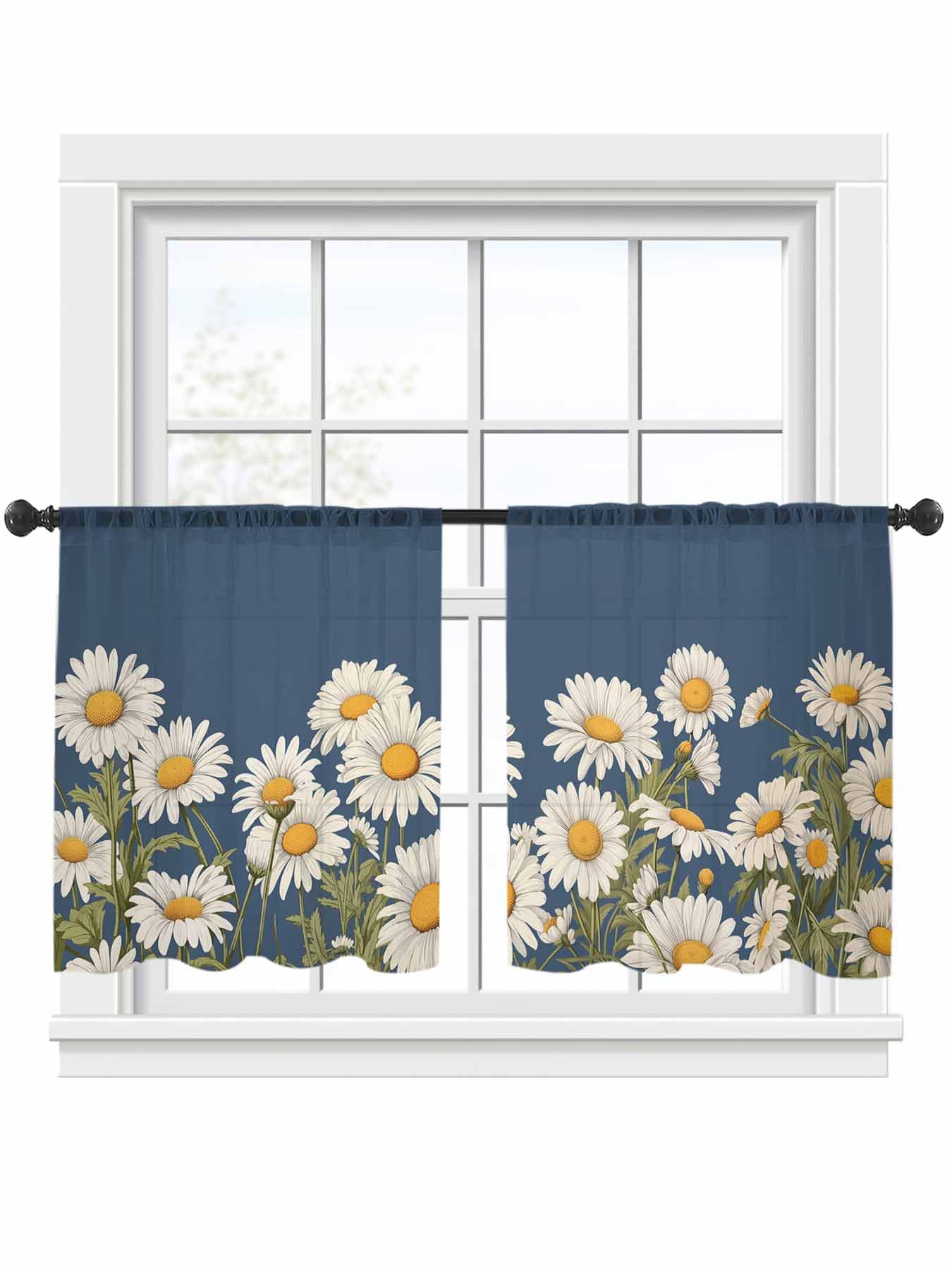 Flower White Sheer Curtains 2 Panels Set Daisy Simple Floral Dark Blue ...