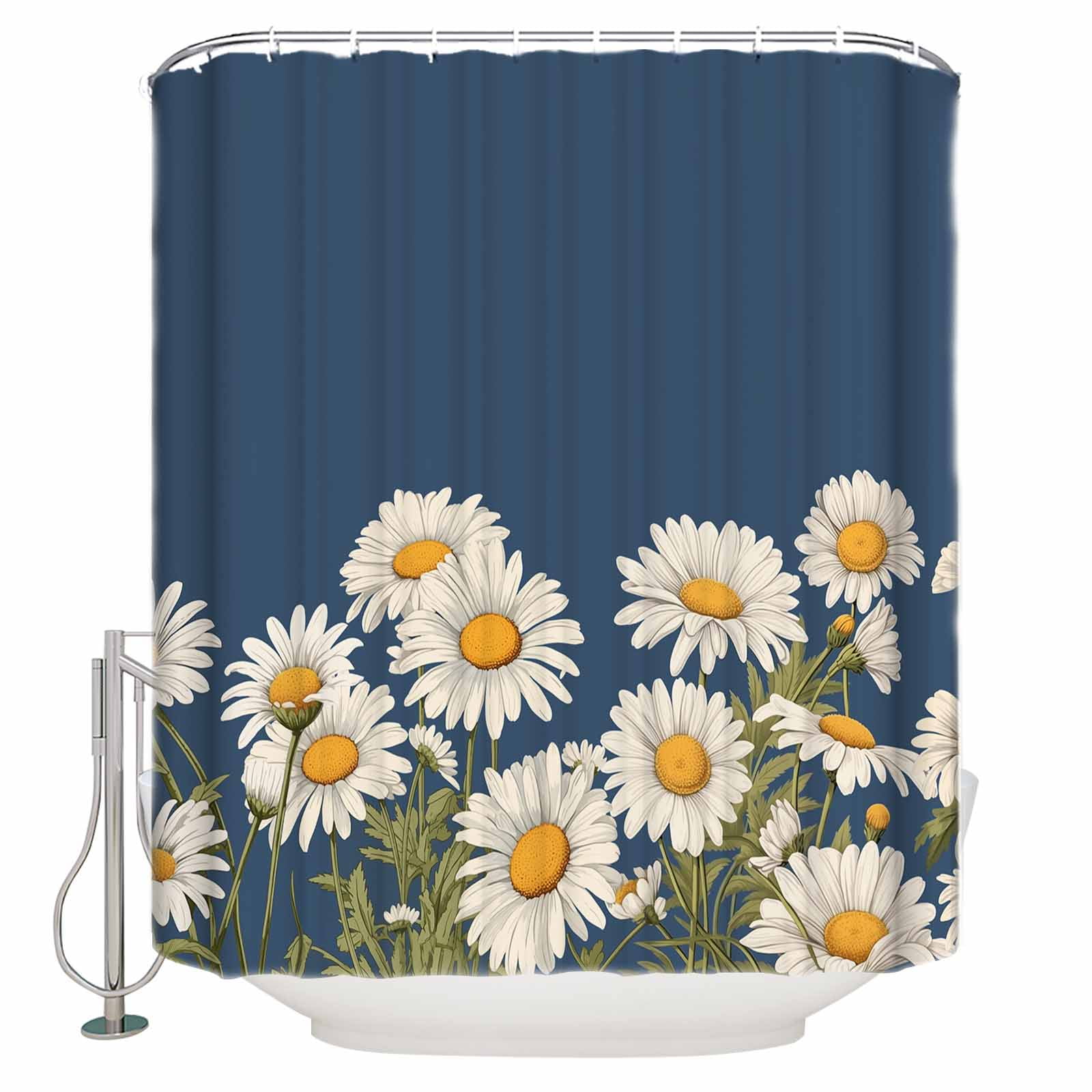 Flower White Shower Curtain, 66" x 72", Daisy Simple Floral Dark Blue ...