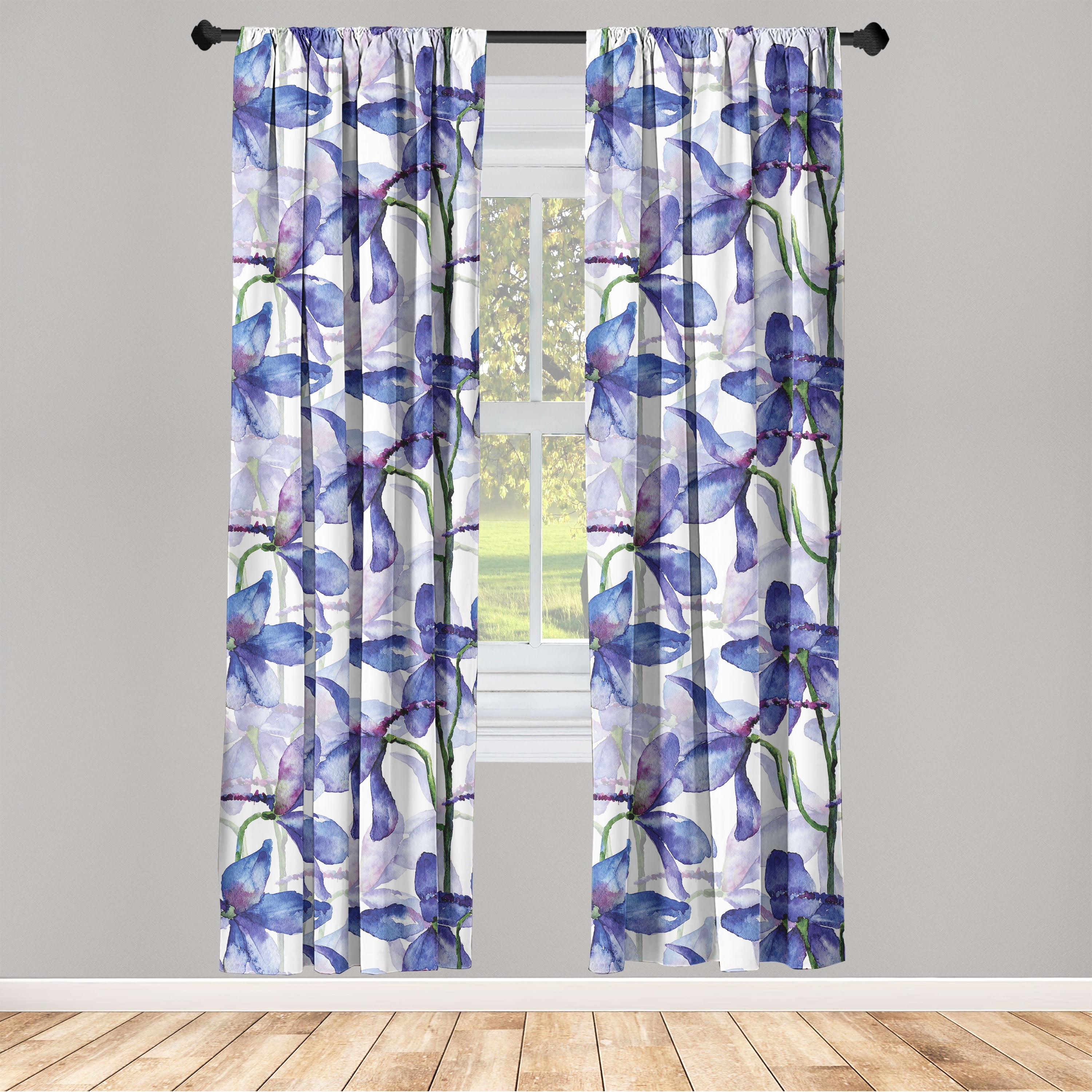 Flower Window Curtains, Delphinium and Iris Flowers Watercolor Design ...