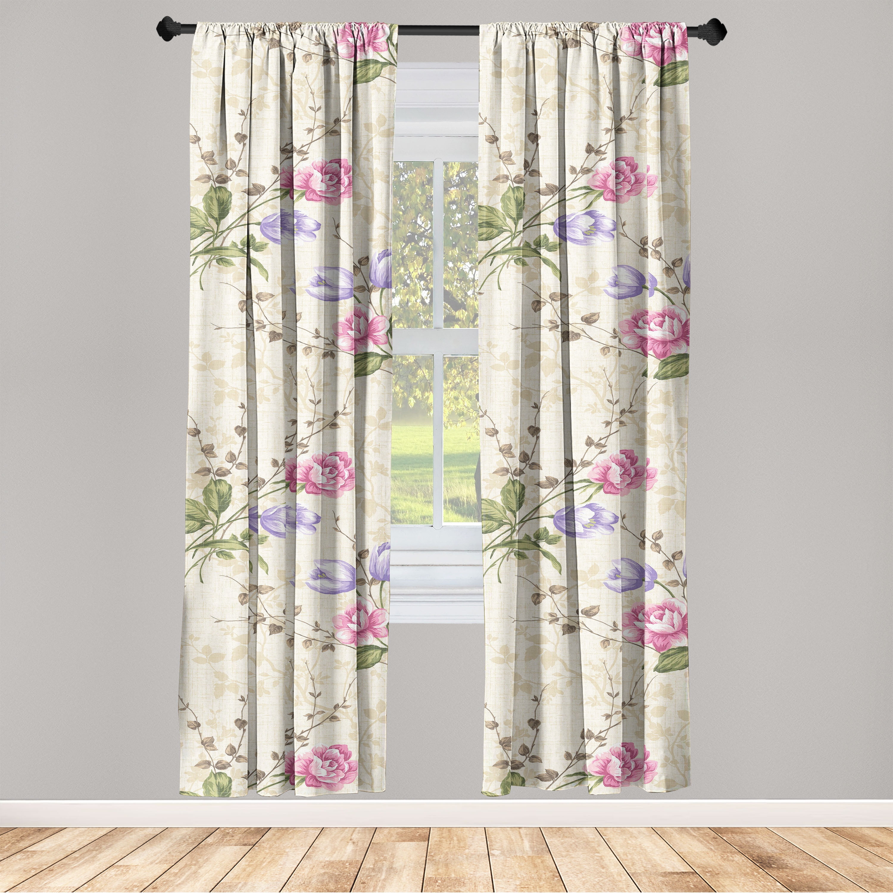 Flower Window Curtains, Garden Theme Vintage Flora Illustration With ...