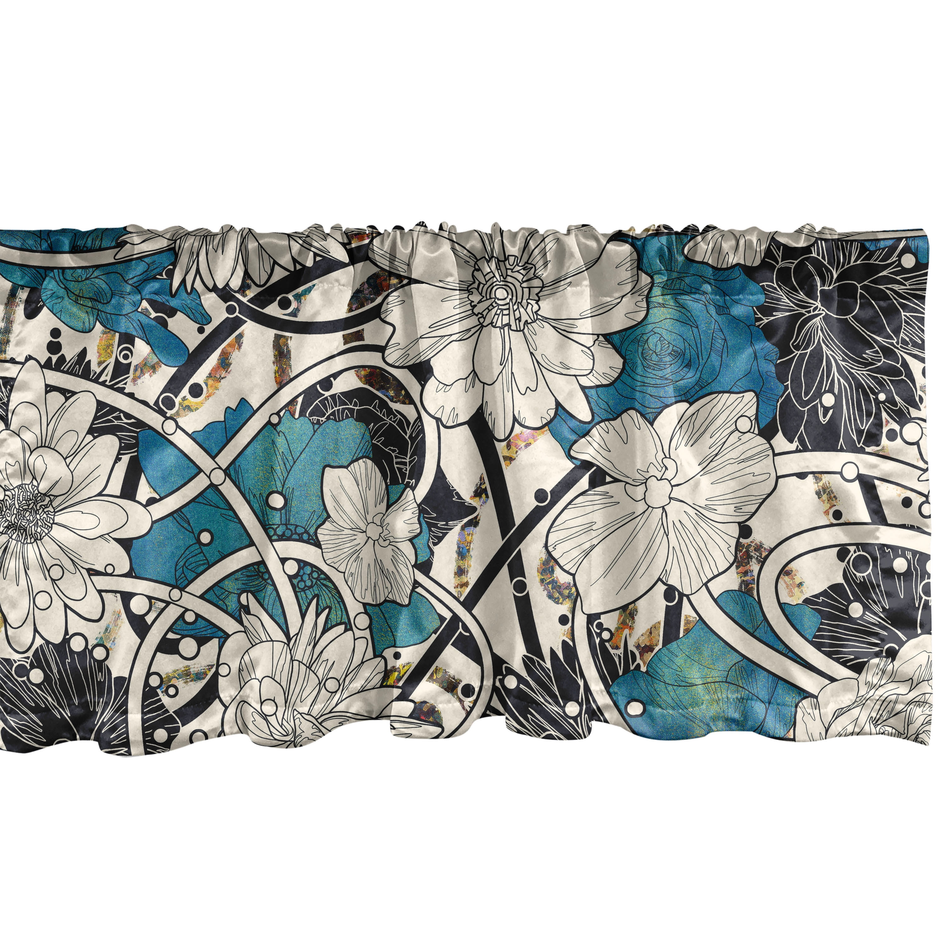 Flower Window Valance, Abstract Outline Floral Ornaments with Swirling ...