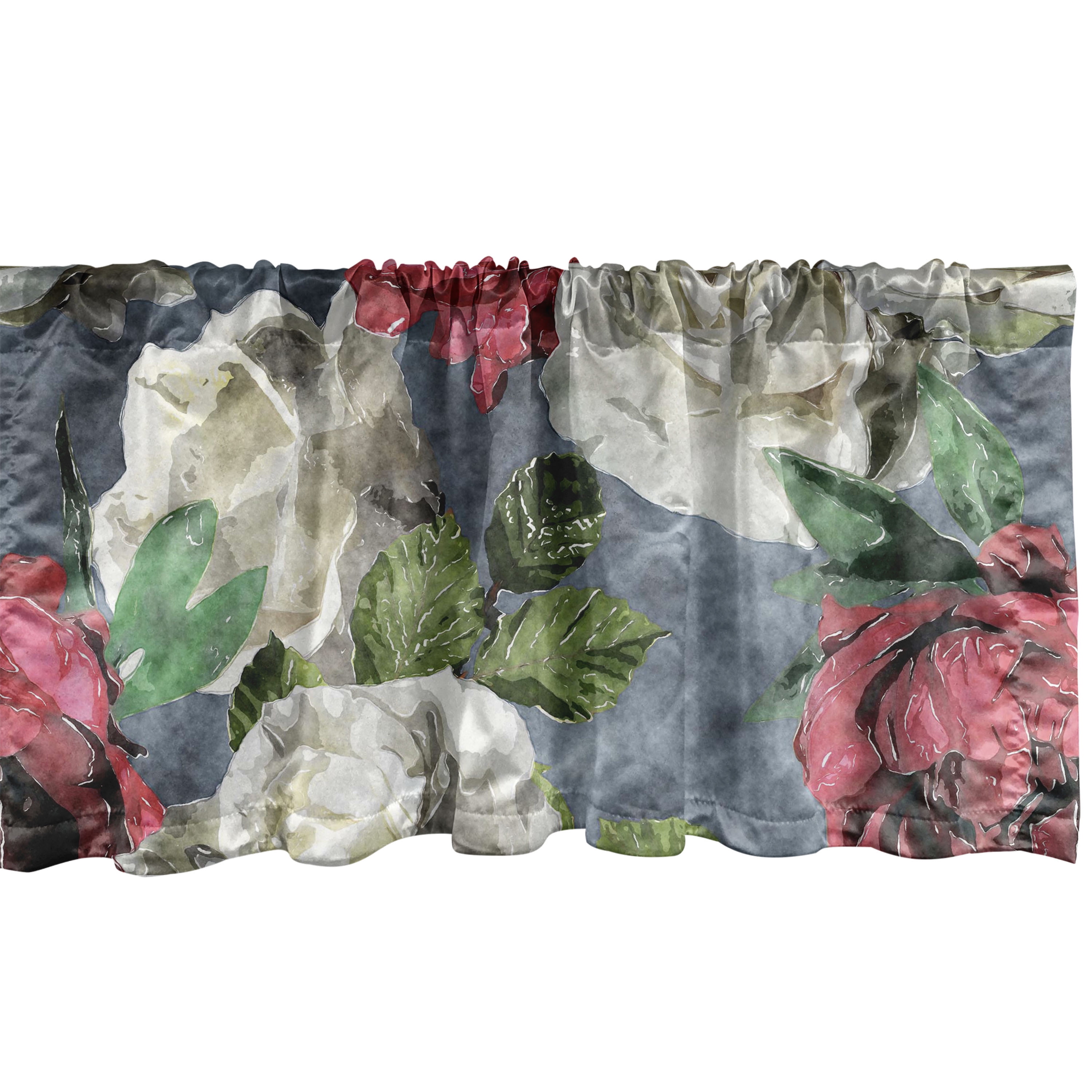 Flower Window Valance, Romantic Watercolor Roses Leaves in Bicolour ...