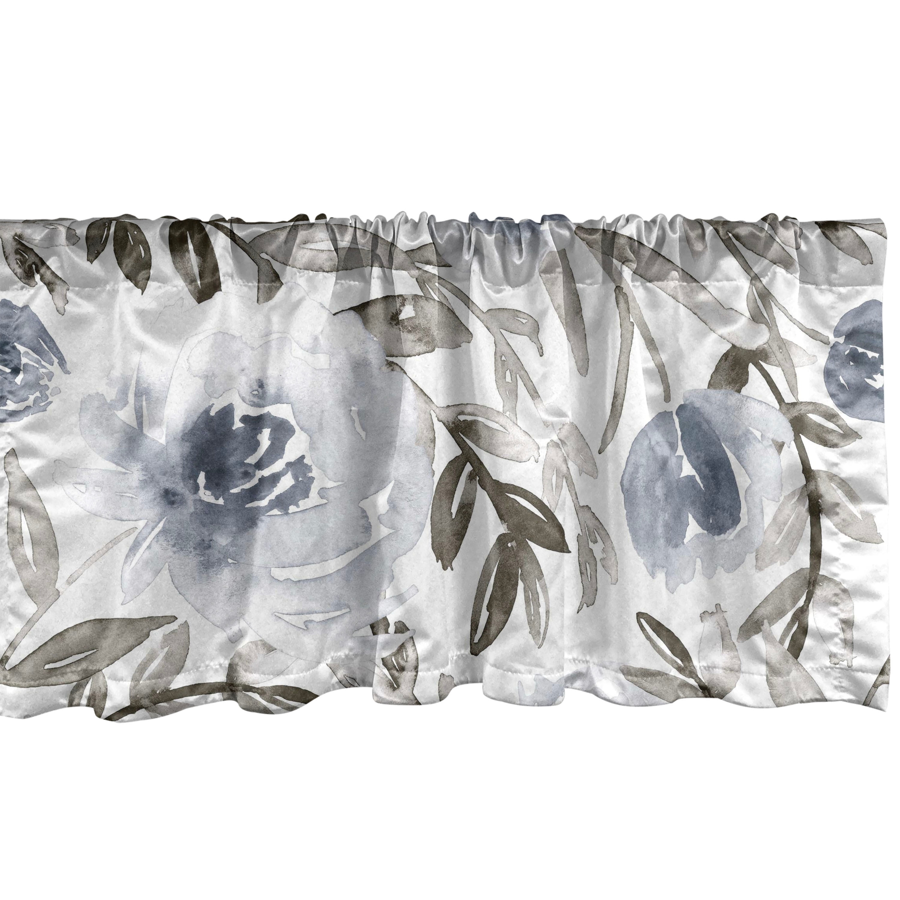 Flower Window Valance, Simplistic Floral Branches Dusty Bluish Petals ...