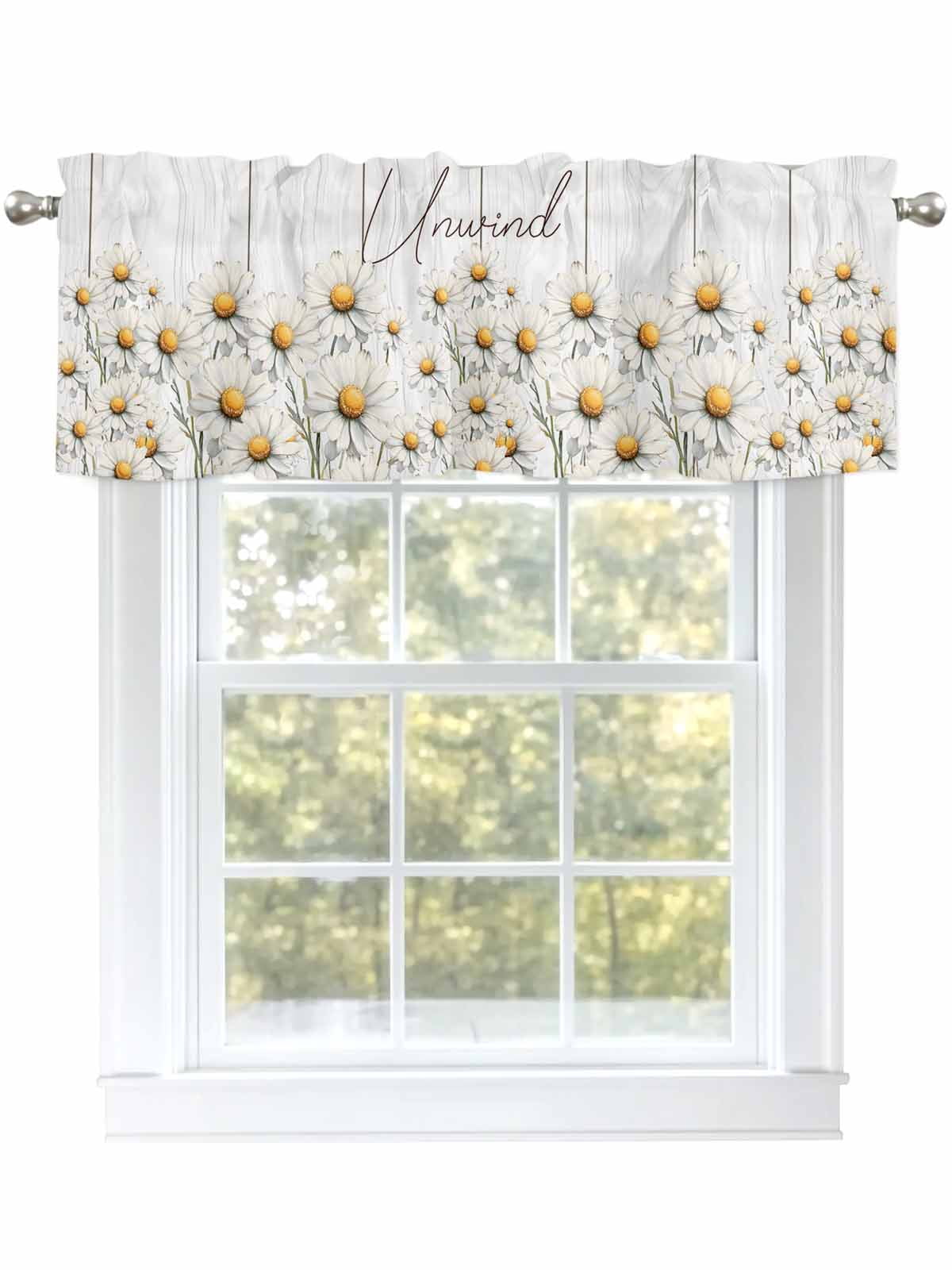 Flower Window Valances for Kitchen, Daisy Farmhouse Watercolor Wood ...