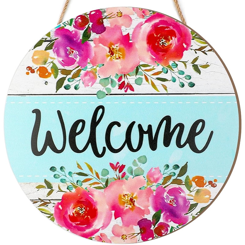 Flower Wooden Hanging Sign, Welcome Watercolor Floral Door Sign, 11.8 ...