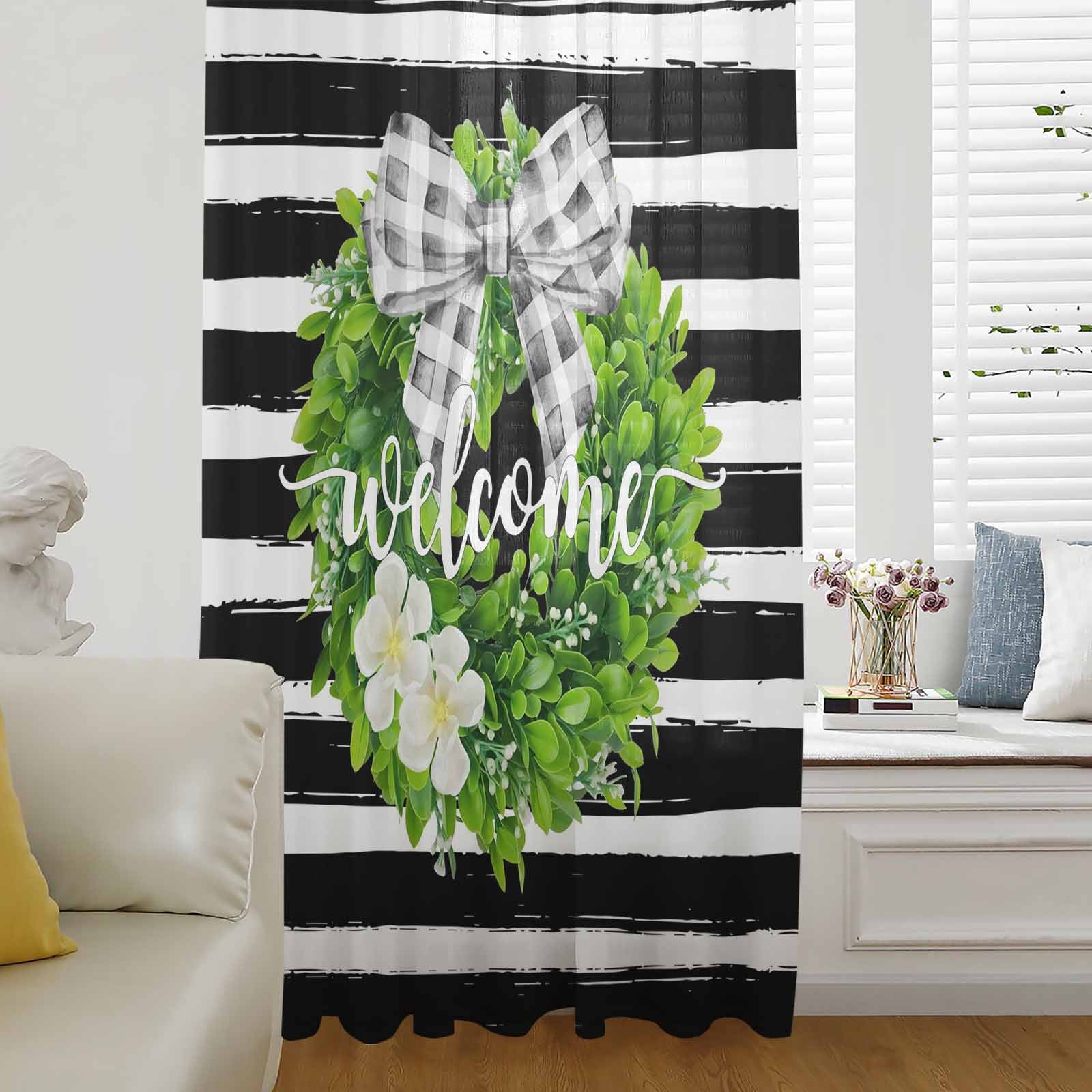 Flower Wreath Semi Sheer Curtains Drapes for Living Room, Bedroom ...