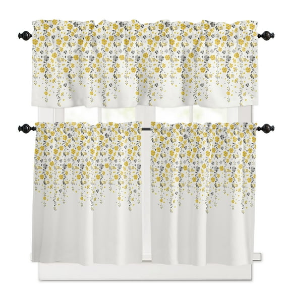 Flower Yellow Kitchen Curtains Valance and Tier Set Grey Cherry ...