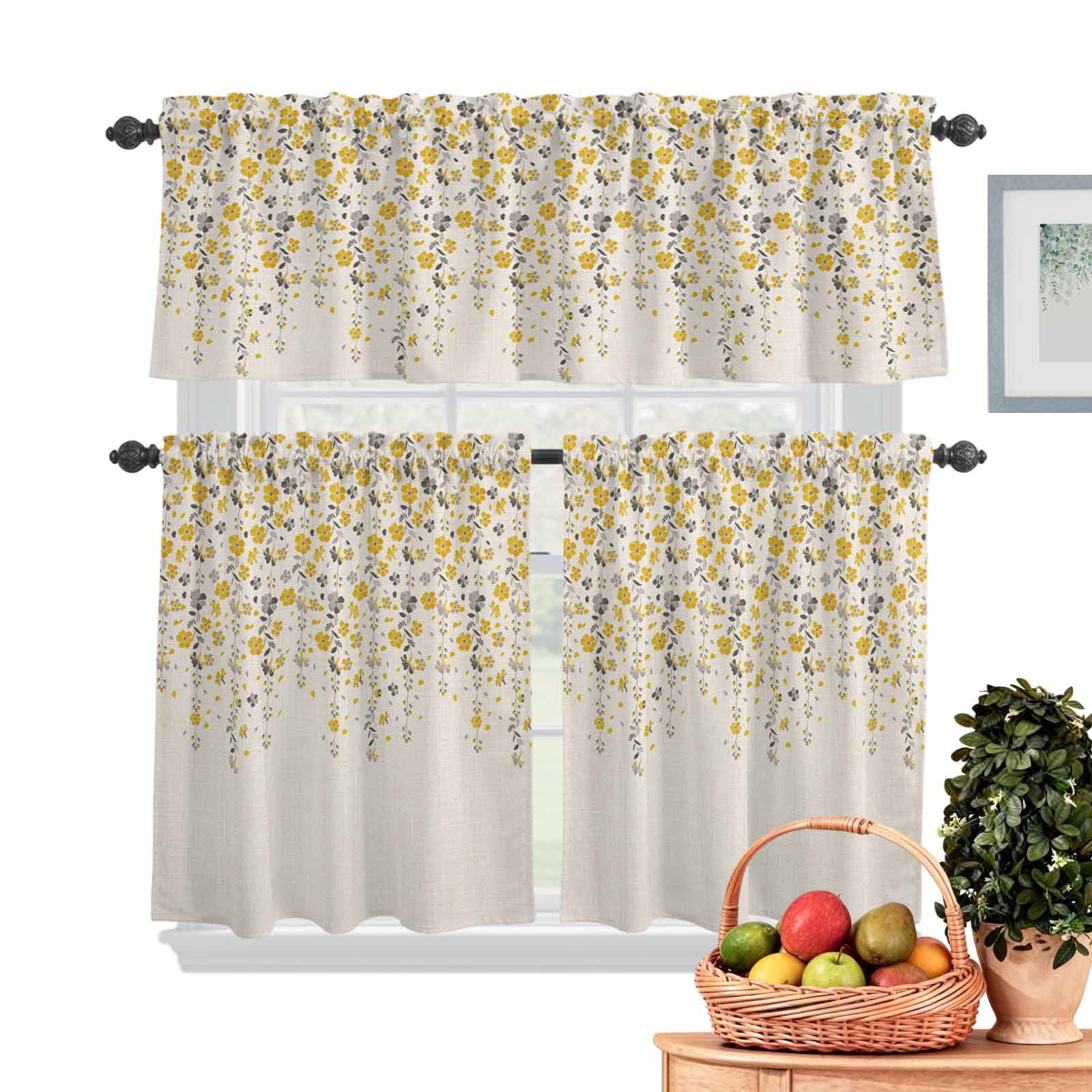 Flower Yellow Kitchen Curtains Valances 3 Piece Set, Grey Cherry ...