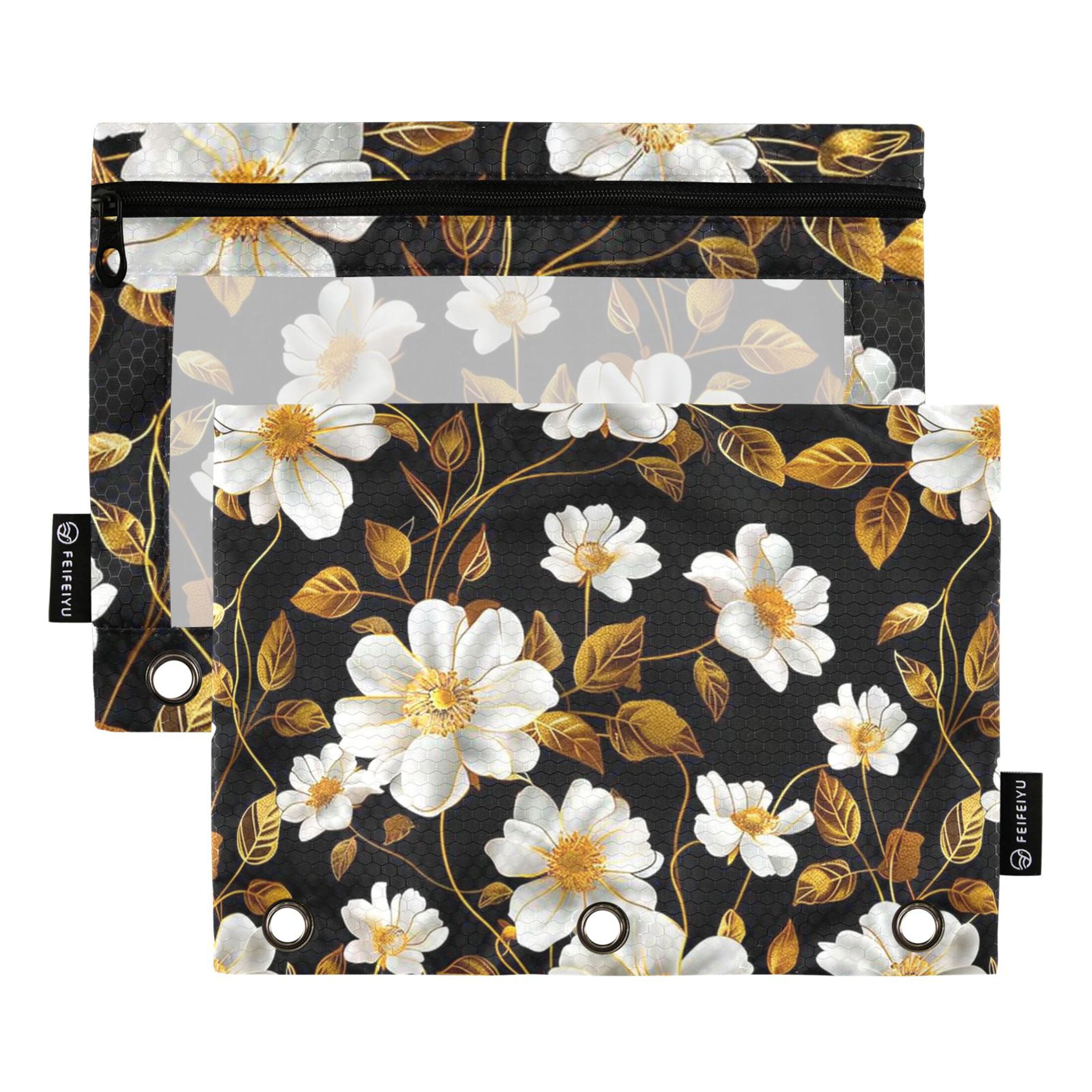 Flower and Golden Leaves 2 Pack Pencil Pouch for 3 Ring Binder Smooth ...