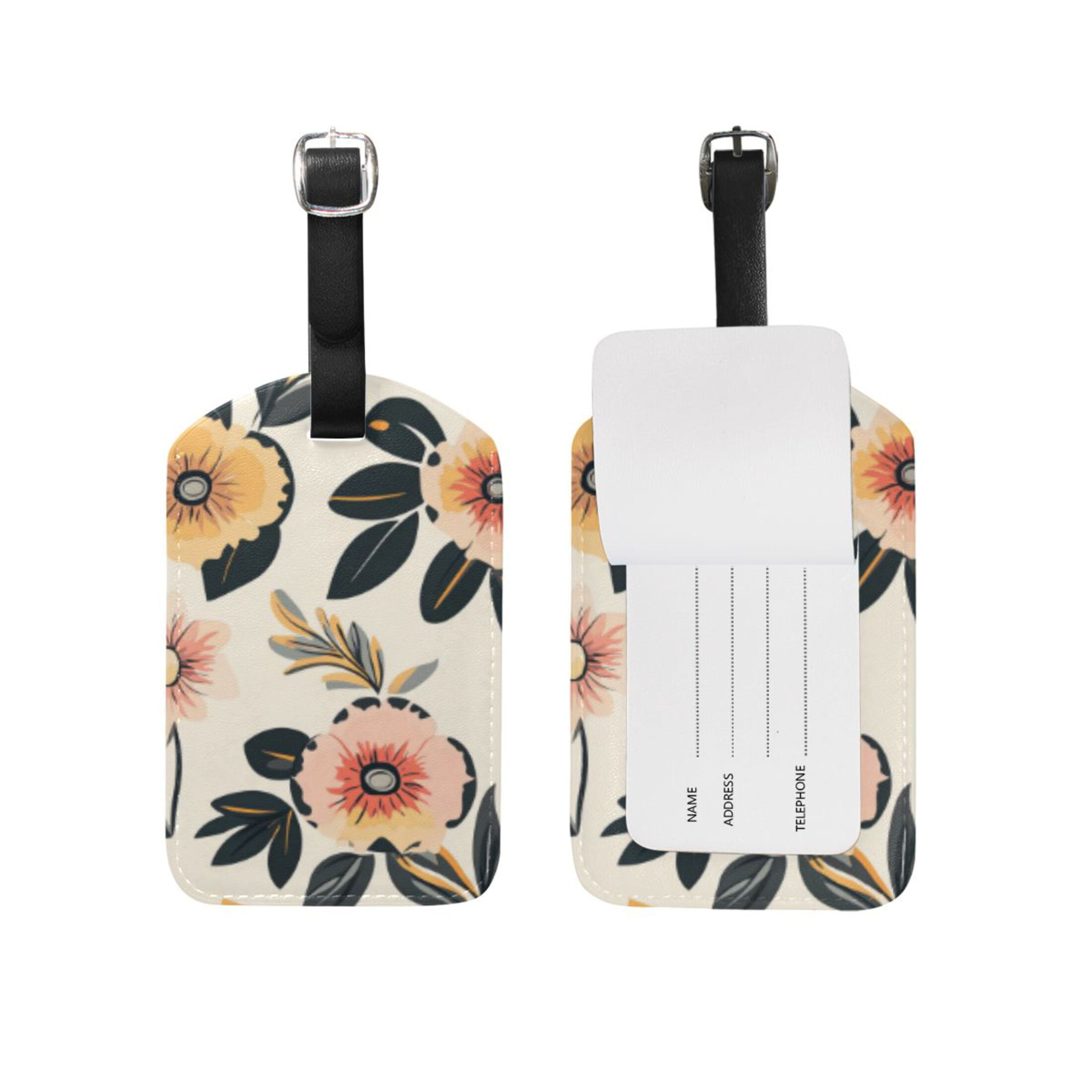 Flower and Leaf Cream Color Background Luggage Tags PU Leather Name ID ...
