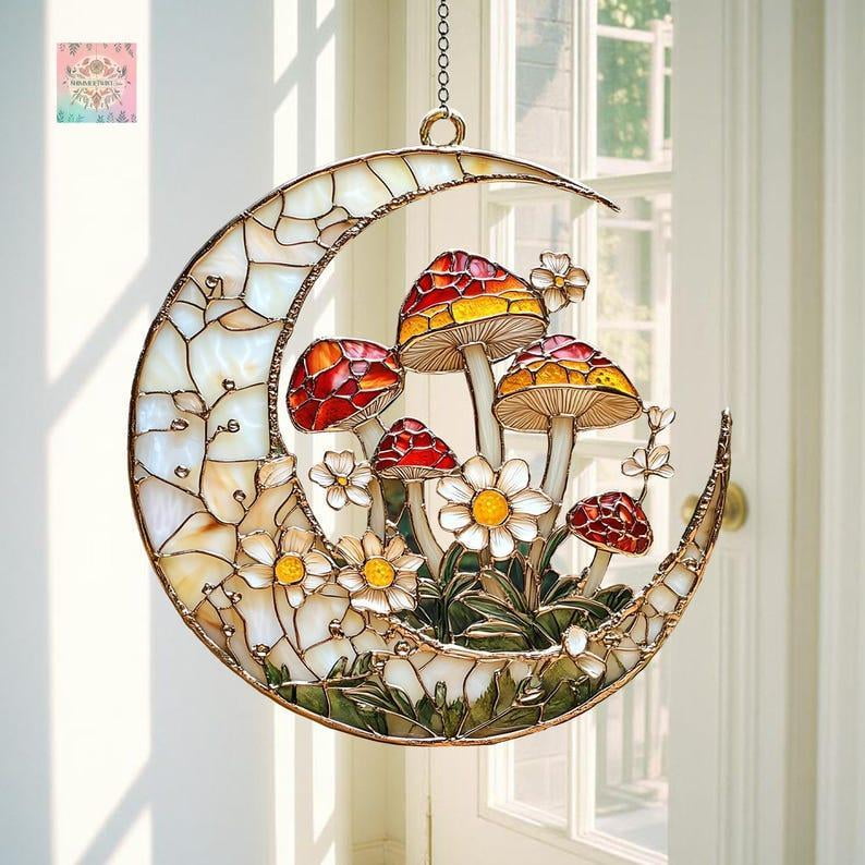 Flower and Mushroom Crescent Moon Suncatcher, ACRYLIC Moon Decor ...