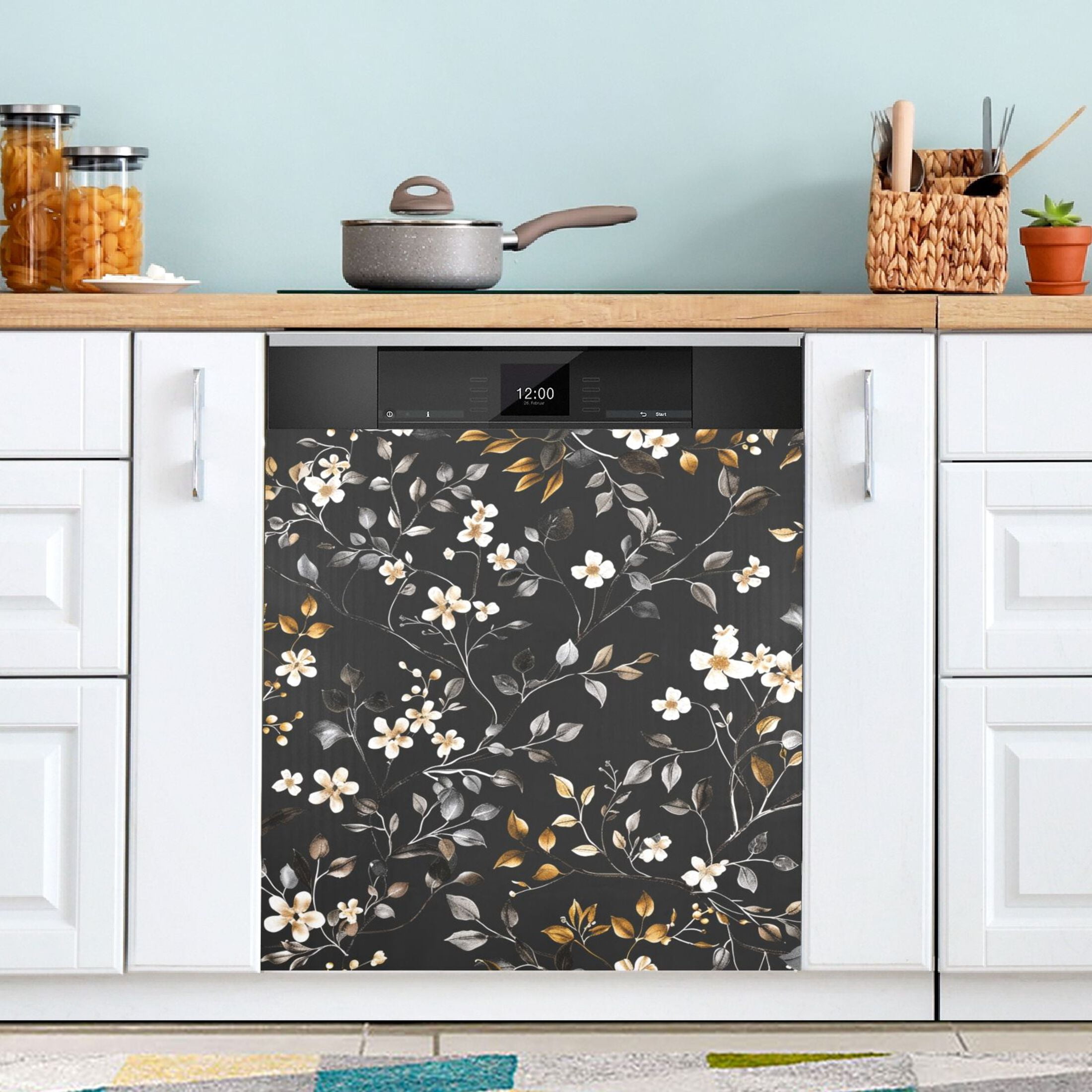 Flower on Black Magnetic Dishwasher Cover Magnet Refrigerator ...