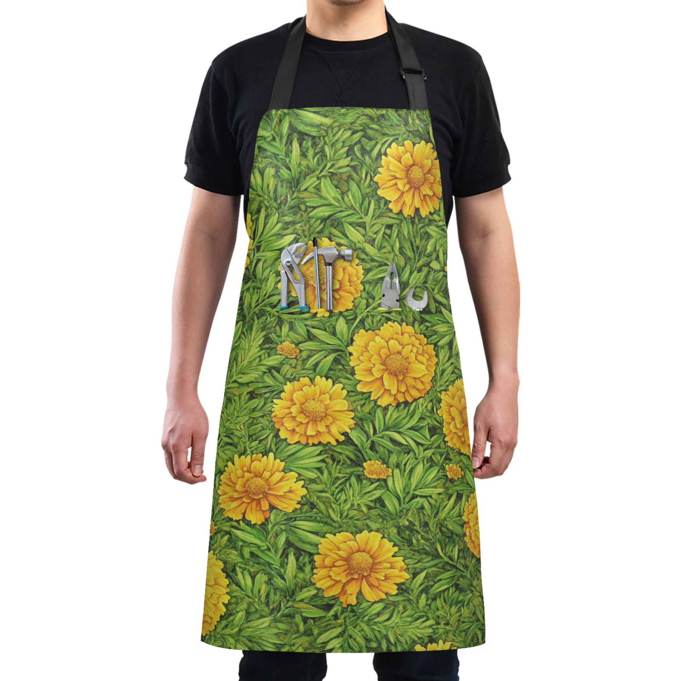 Flower on Green Background Chef Kitchen Apron with Pockets for Women ...