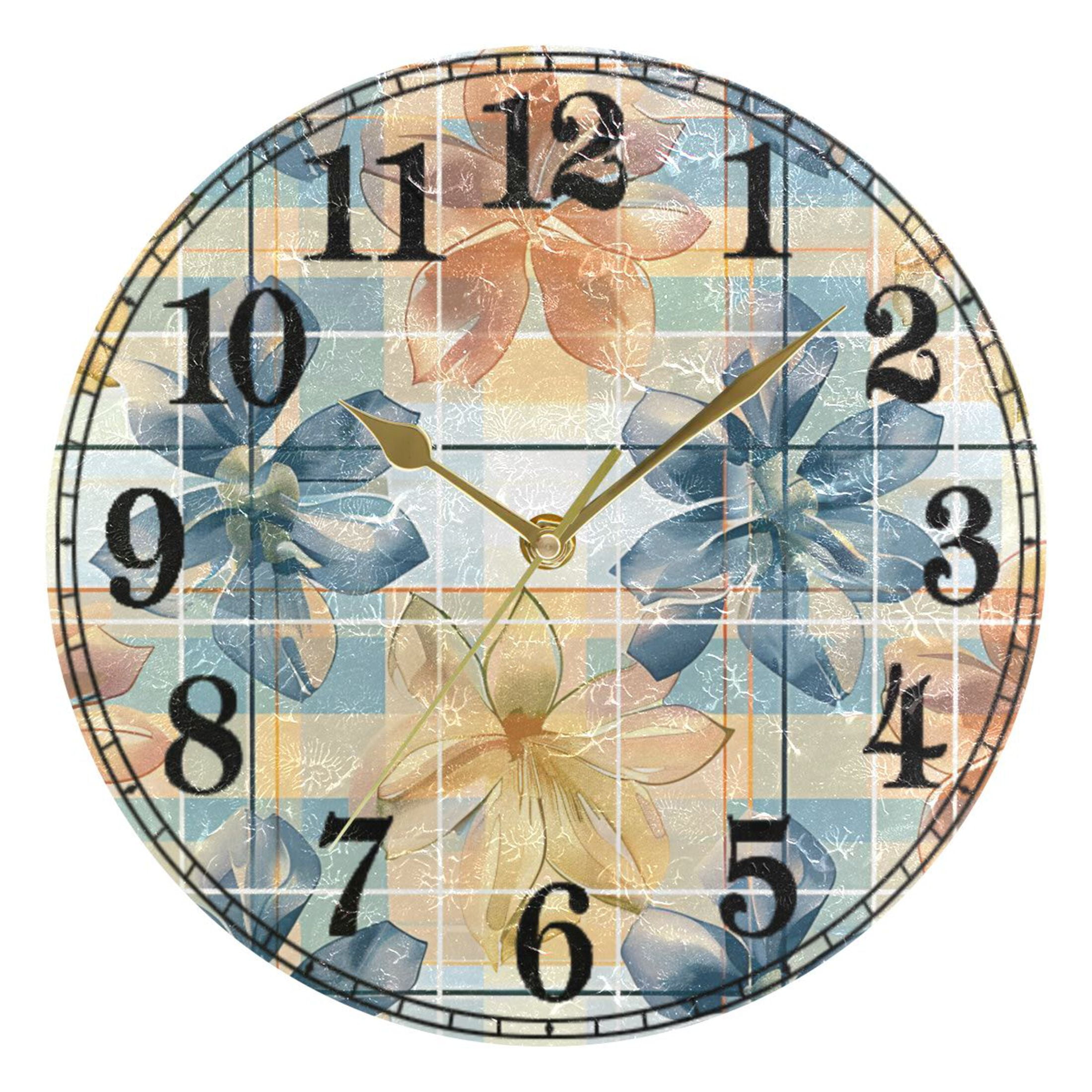 Flower on Grid Checkered Pattern Silent Wall Clock 10" Non-Ticking ...
