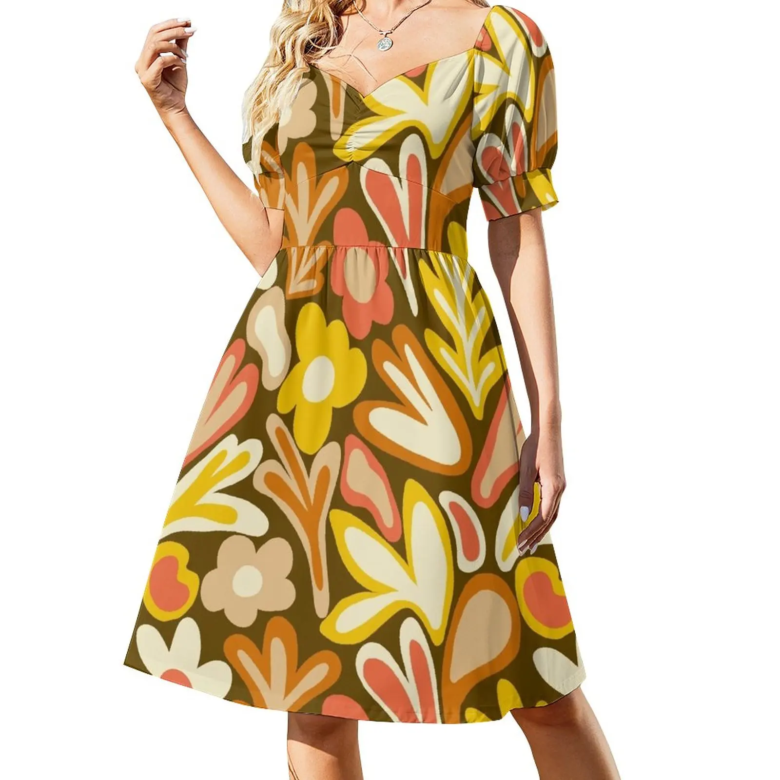 Flower power 1970s groovy retro pattern in yellow Sleeveless Dress ...