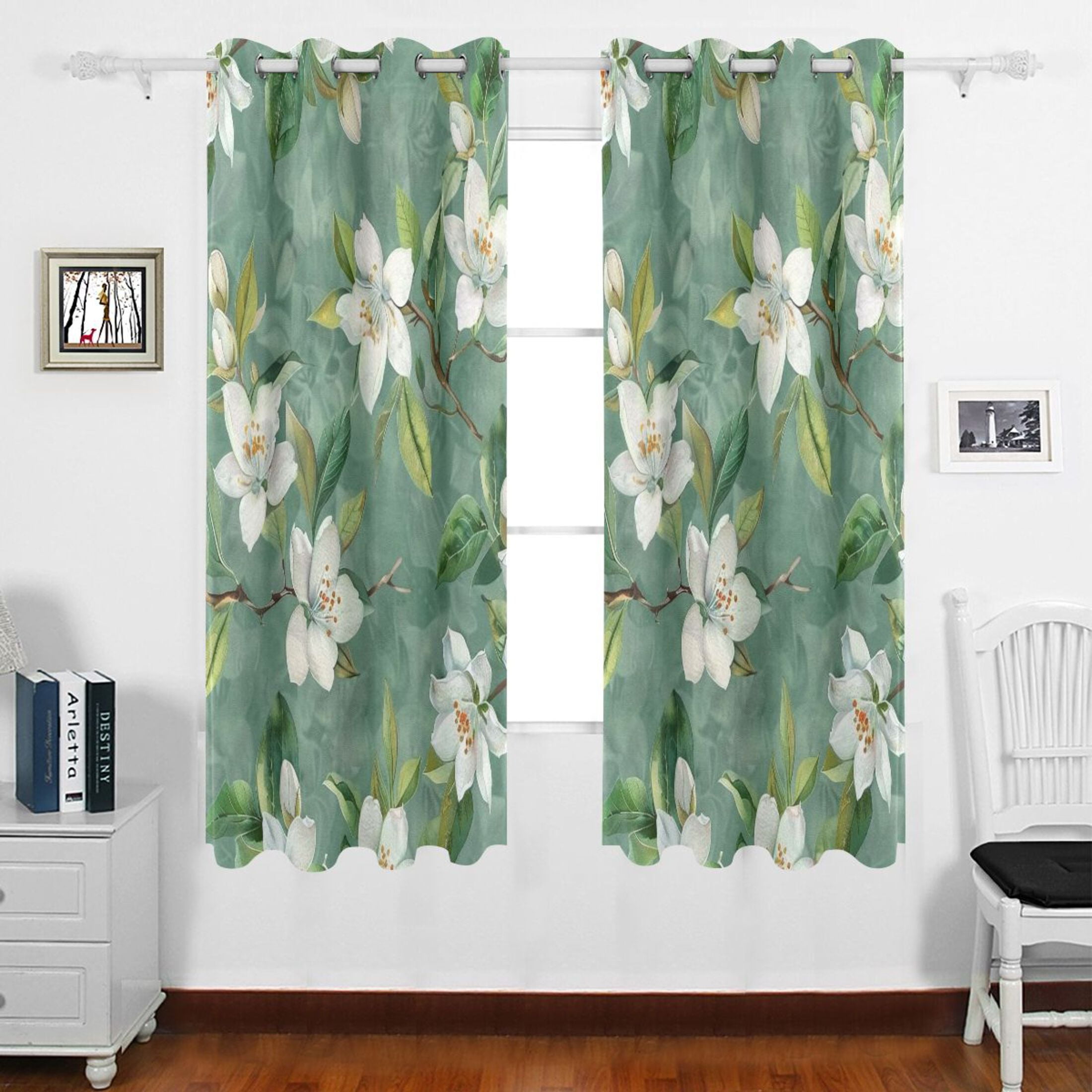 Flower with Green Leaves Grommet Blackout Curtains Thermal Insulated Window Curtain Sets for ...