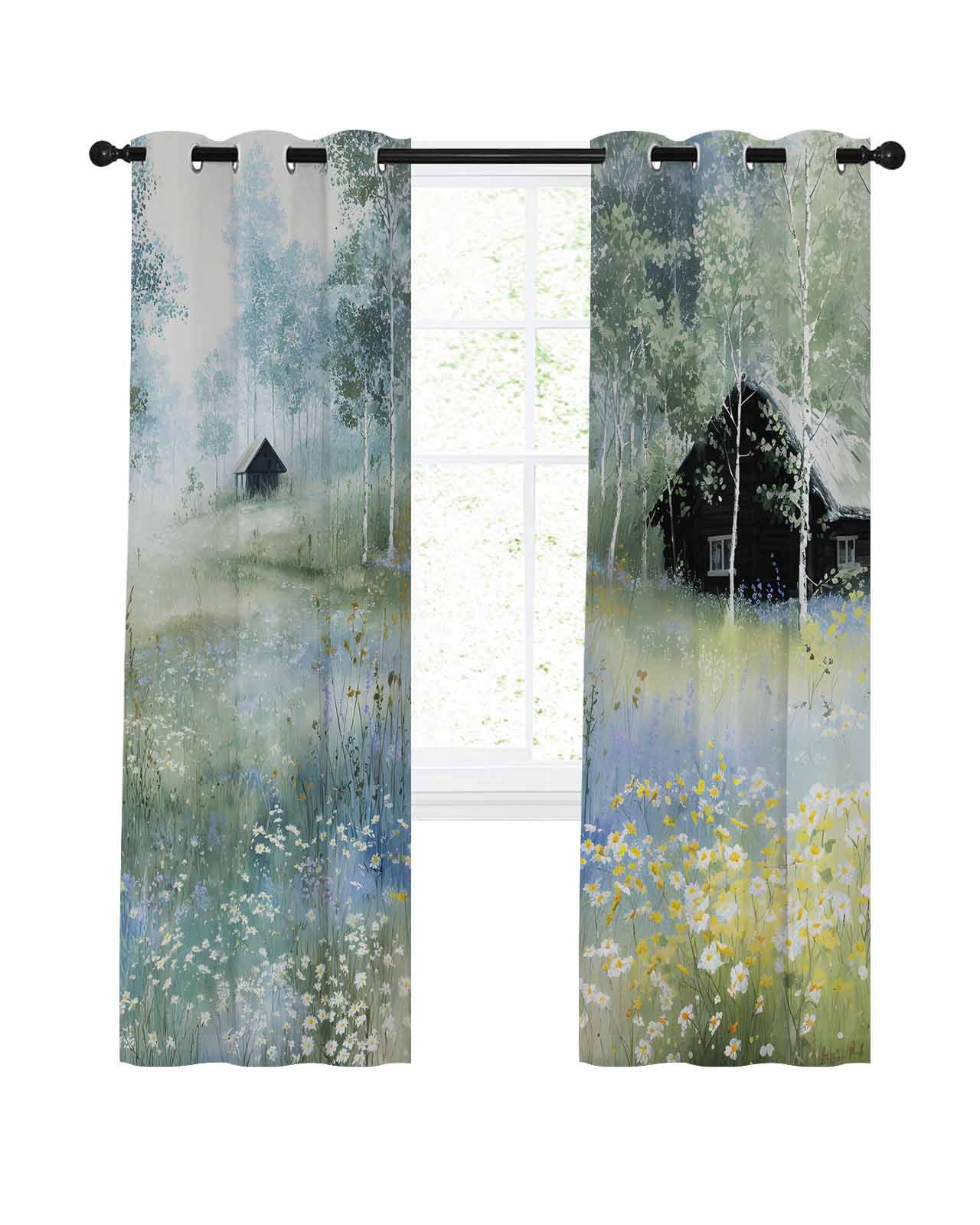 Flowerbed Cabin Blackout Curtains 63 Inch Length Watercolor Spring ...