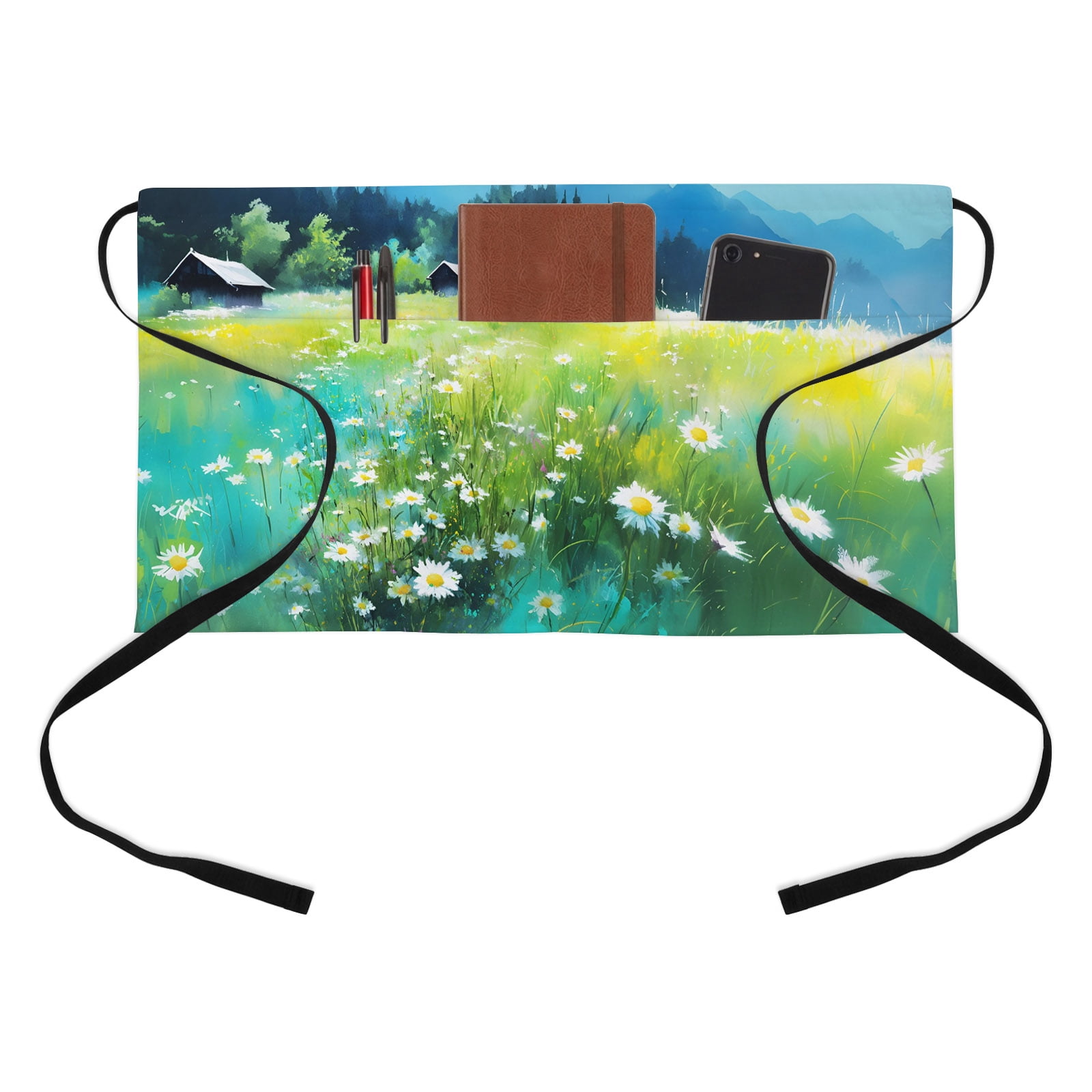 Flowerbed Cabin Half Waist Apron Watercolor Spring Field Green Blue ...
