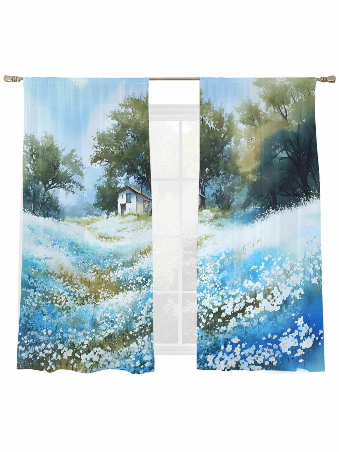 Flowerbed Cabin Sheer Curtains 2 Panels Set Watercolor Spring Field ...