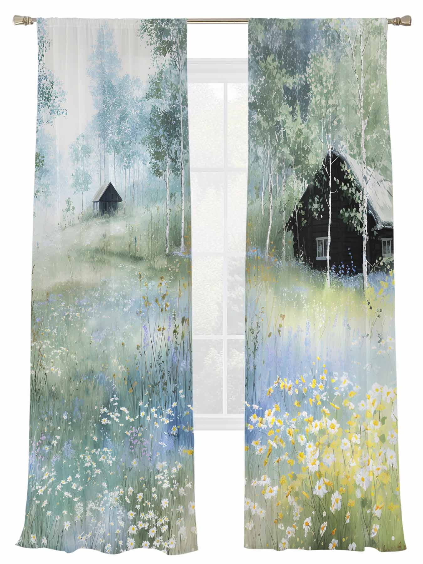 Flowerbed Cabin Sheer Curtains 2 Panels Set Watercolor Spring Field ...
