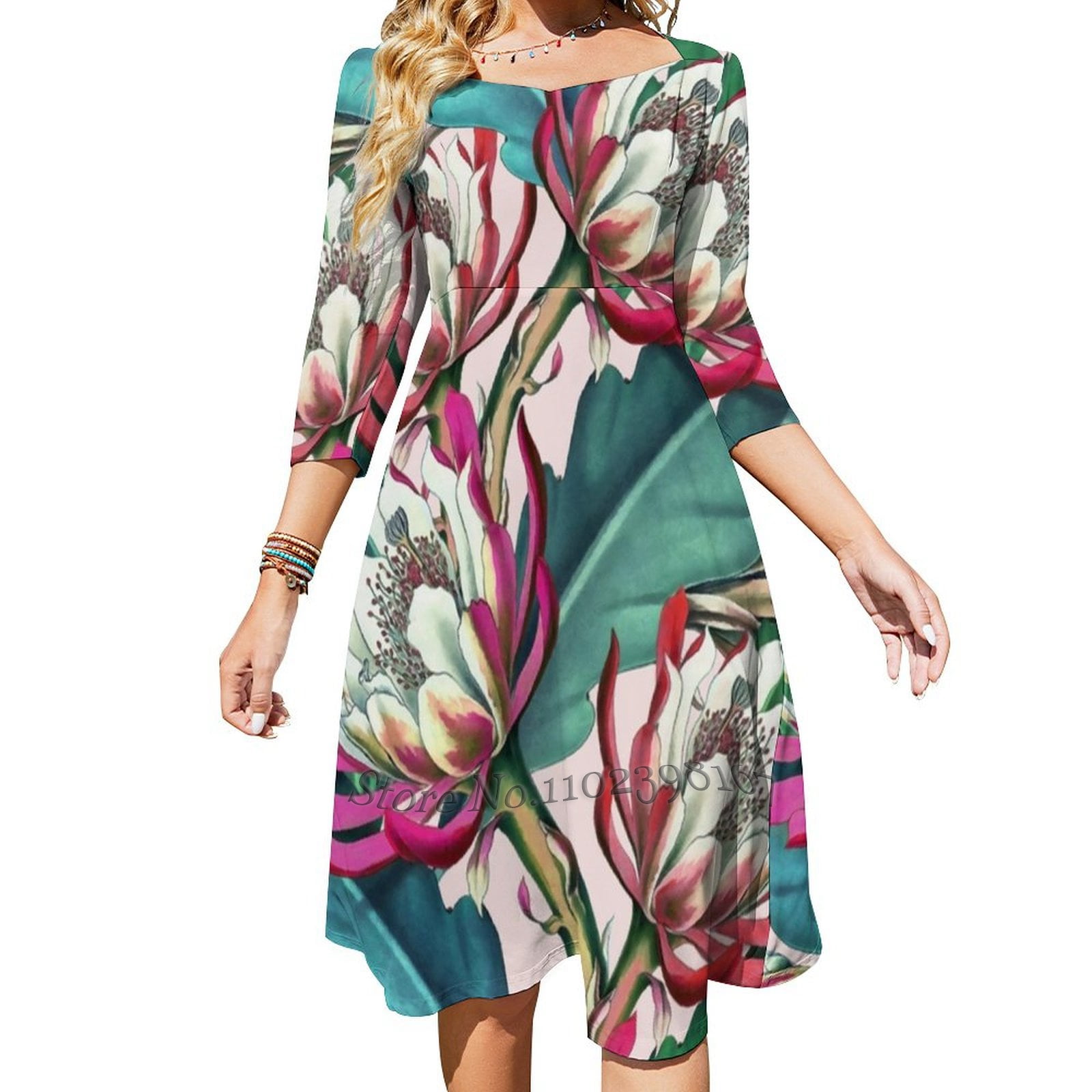Flowering Cactus Sweetheart Knot Flared Dress Fashion Design Large Size ...