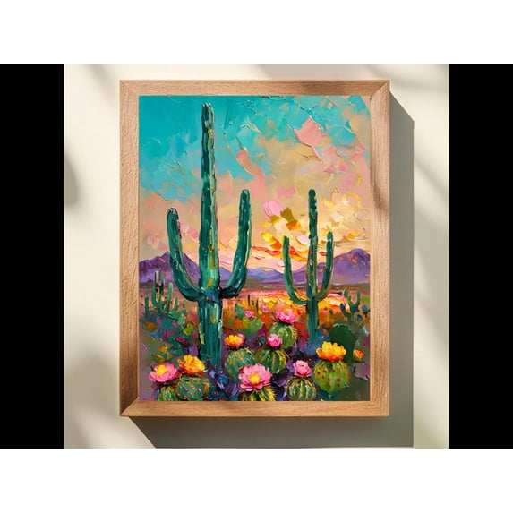 Flowering Cactus Wall Art, Impasto Neon Desert Of Saguaro, Arizona ...