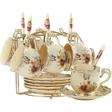 Tea Set of 6, Elegant Tea Cups with handles and Tea Cup Saucers, High ...