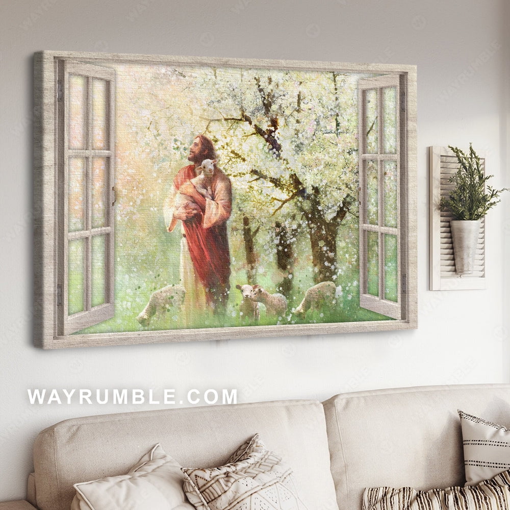 Flowering Tree, Jesus Painting, Lamb Of God, Natural Spring, Vintage Windows - Jesus Landscape ...