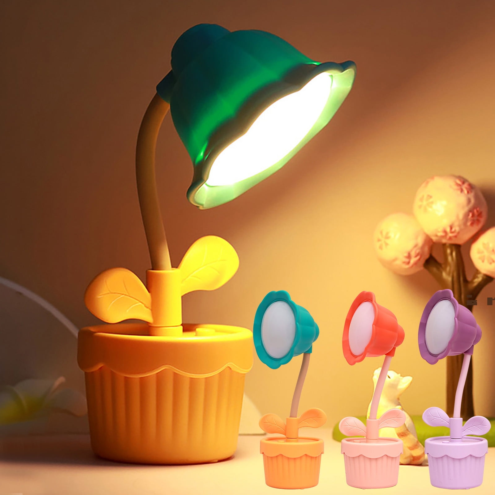 Flowerpot Desk Lamp, USB Rechargeable Night Light, Dimmable LED, Modern ...