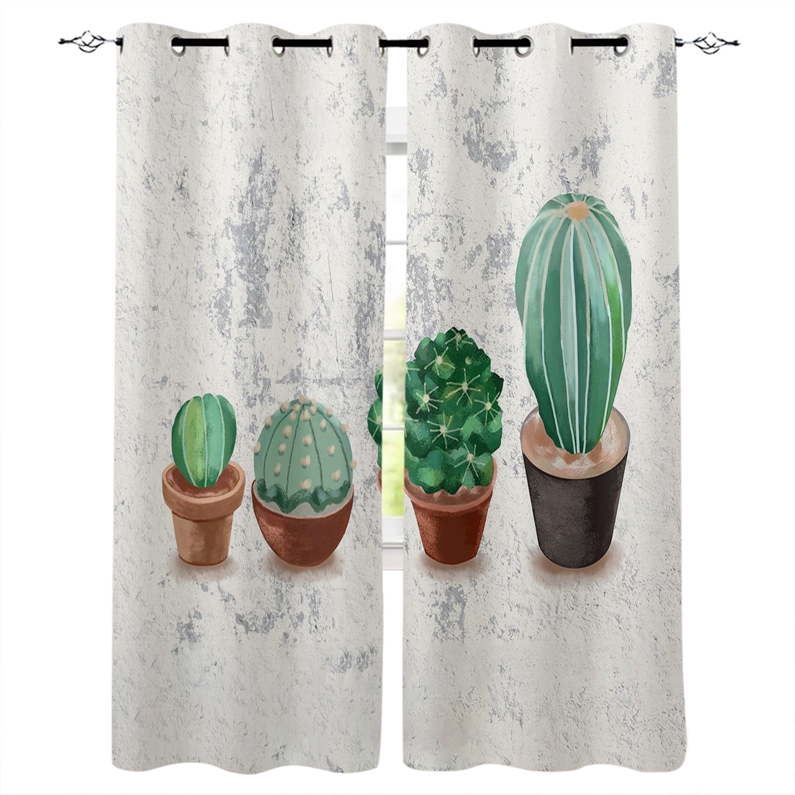 Flowerpot Watercolor Cactus Leaves Window Curtains for Living Room ...