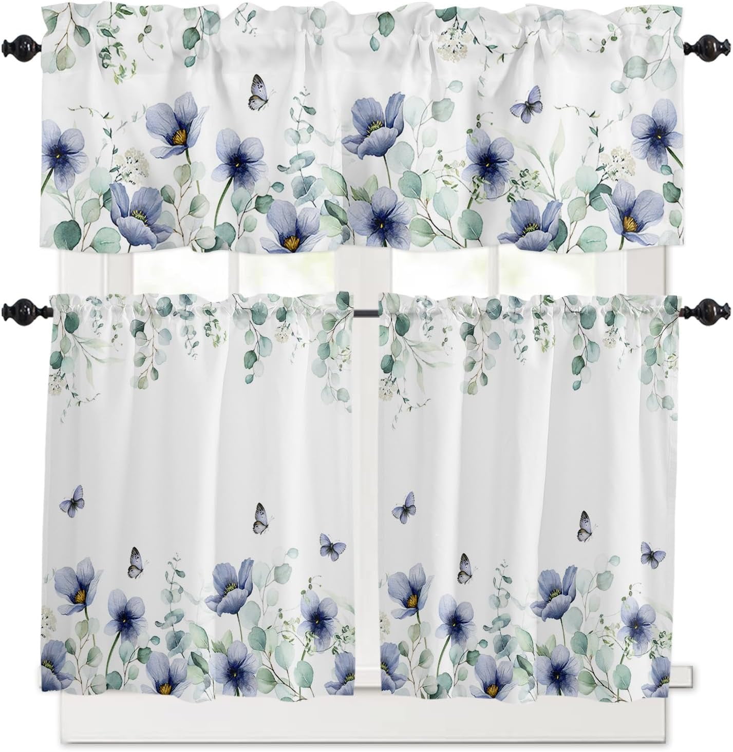 Flowers 3pcs Kitchen Curtain Valance and Tiers Set, Small Window ...