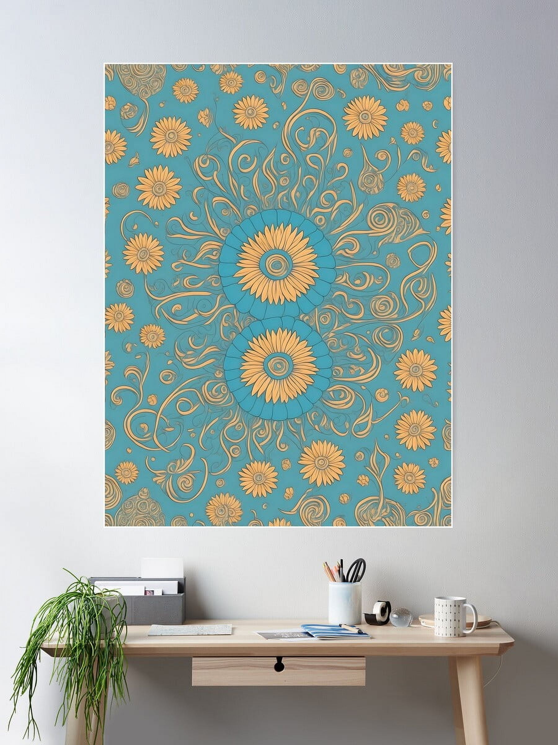 Flowers Abstract Blue And Gold Poster Wall Art, Modern Wall Decor For ...