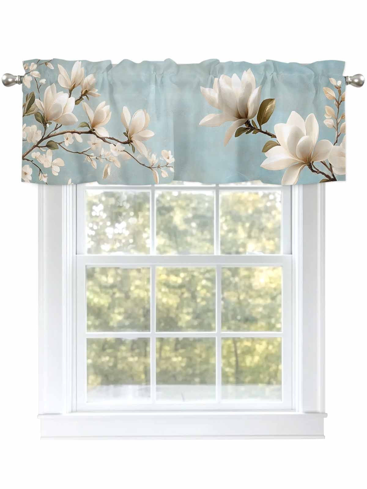Flowers American Retro White Plants Valances Curtain Kitchen Rod Pocket ...