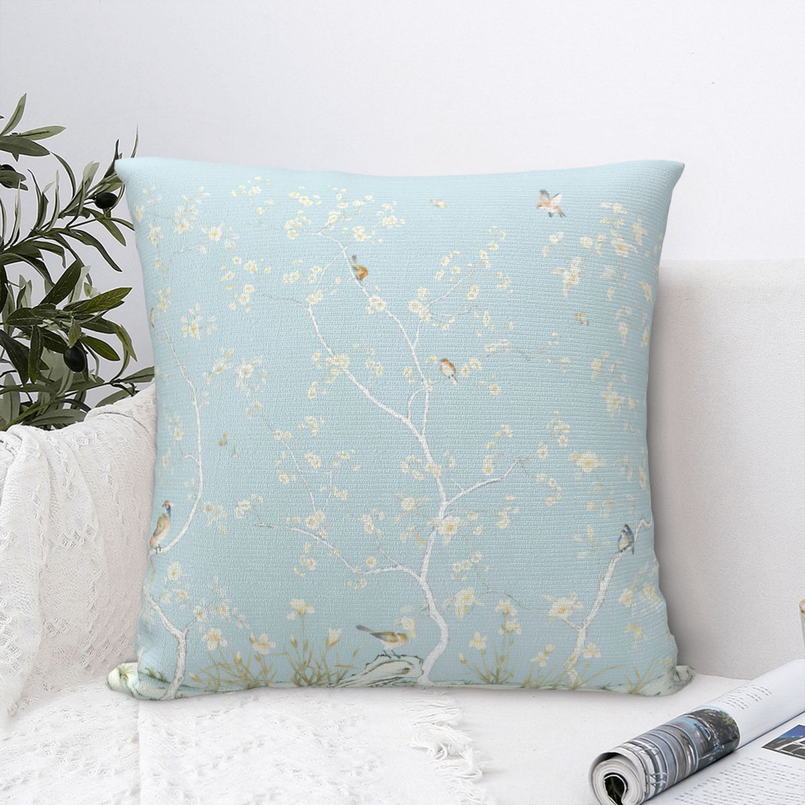 Flowers And Birds Chinoiserie Cyan Throw Pillow Covers Sofa Rustic Home ...