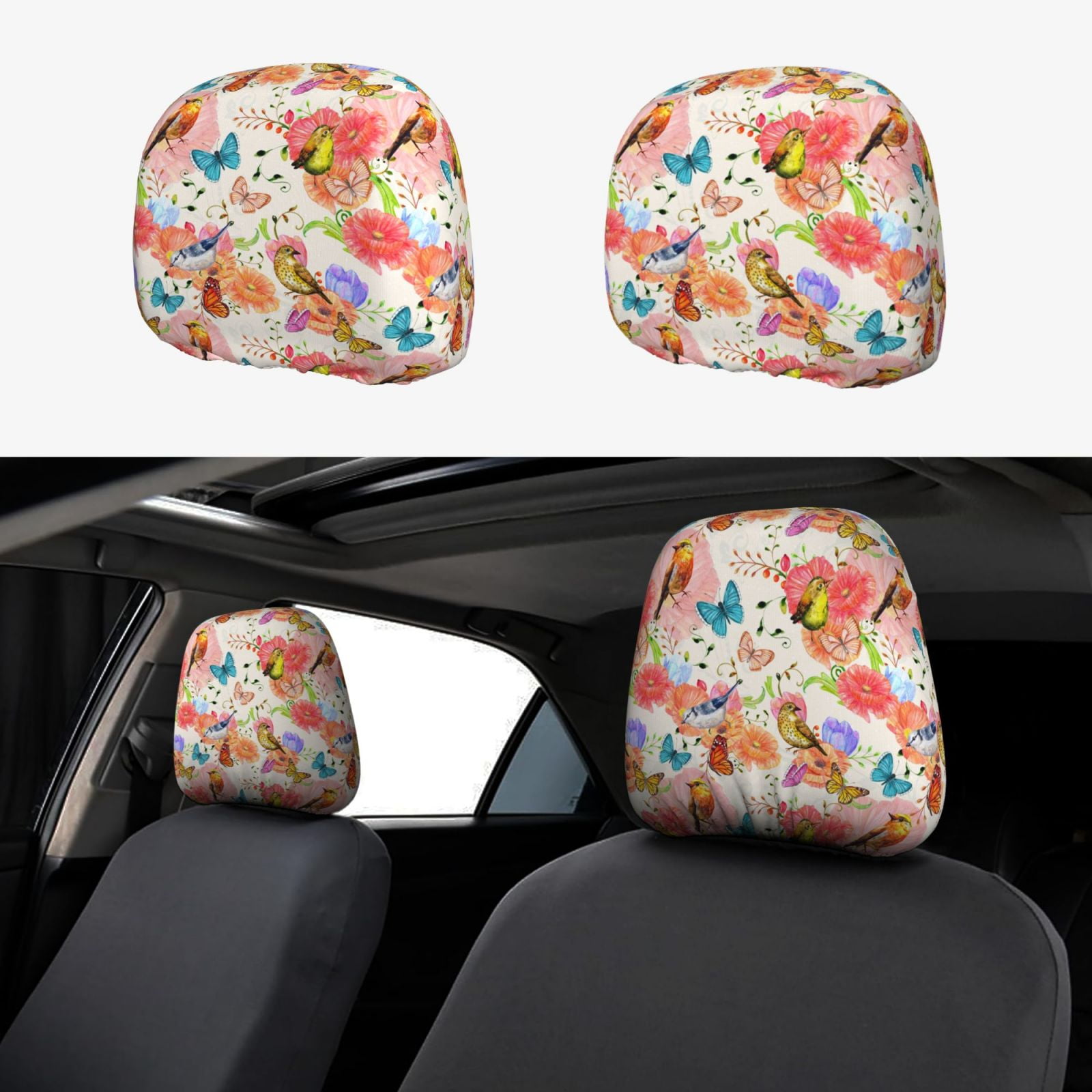 Flowers And Birds Watercolor Headrest Cover for Cars, 2Pack Car ...