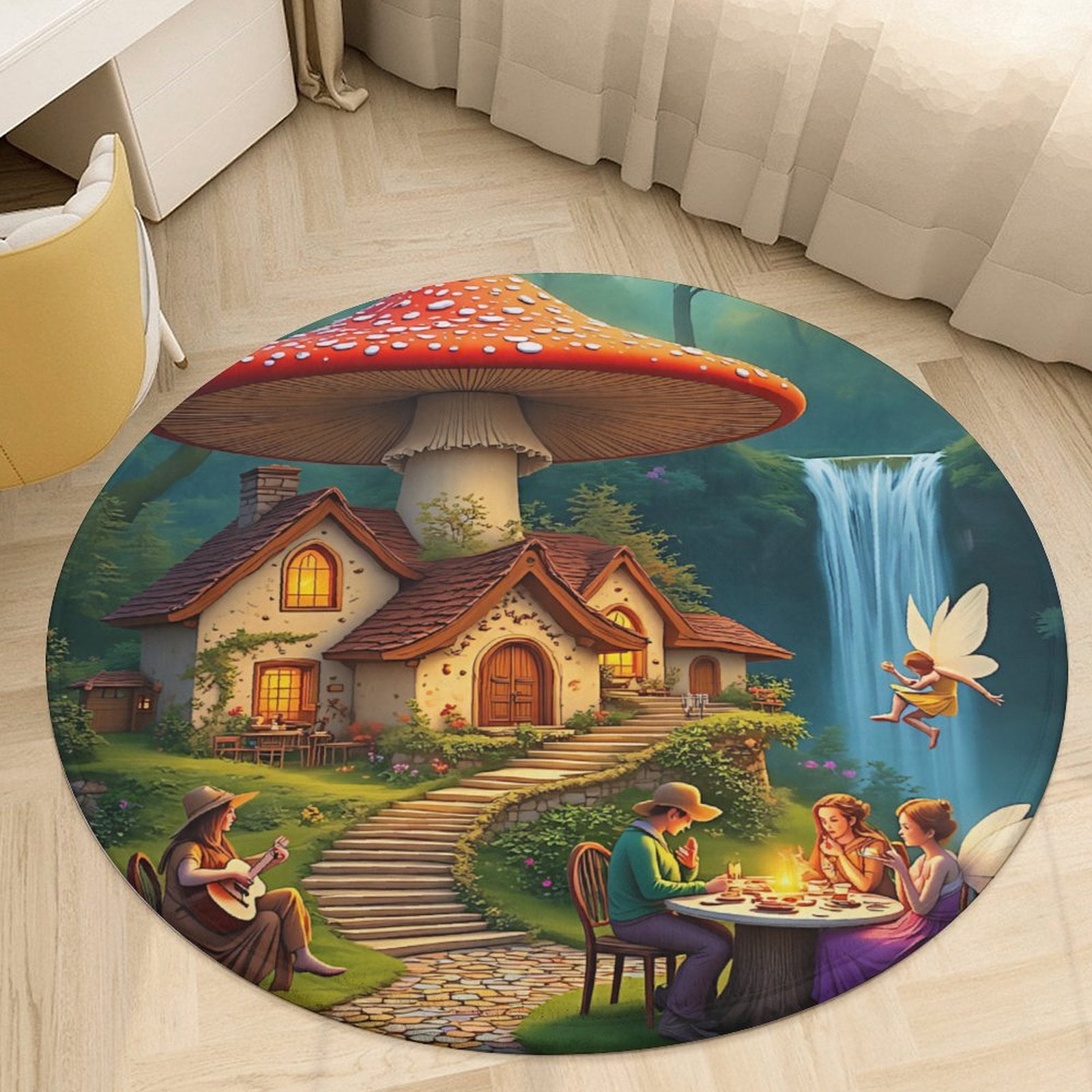 Flowers And Glowing Mushroom Houses Round Area Rugs for Bedroom Living ...