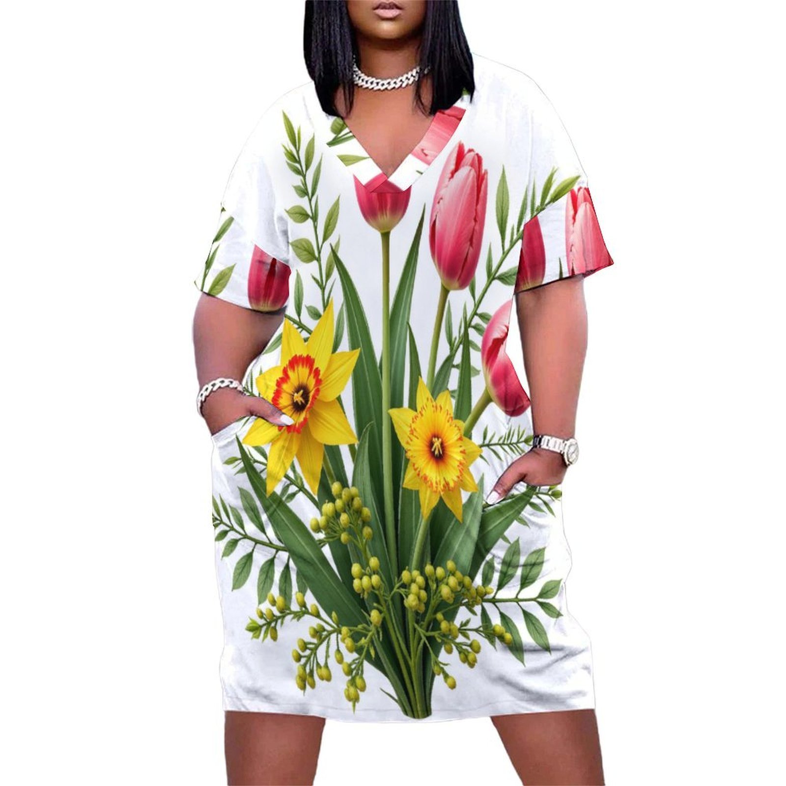 Flowers And Greenery Bouquet Vibrant Loose Pocket Dress Dresses Summer ...