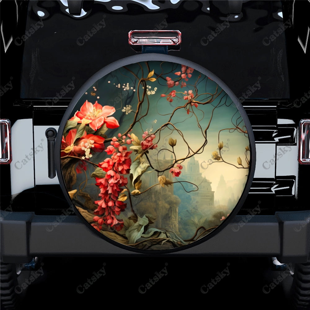 Flowers And Leaves Paintings Polyester Universal Spare Wheel Tire Cover ...
