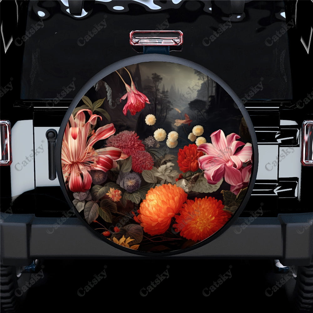 Flowers And Leaves Paintings Polyester Universal Spare Wheel Tire Cover ...