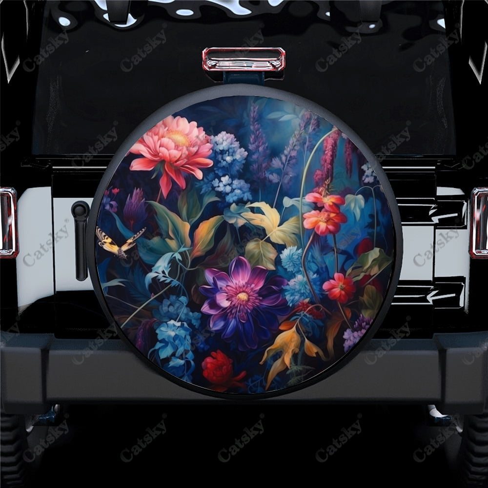 Flowers And Leaves Paintings Polyester Universal Spare Wheel Tire Cover ...